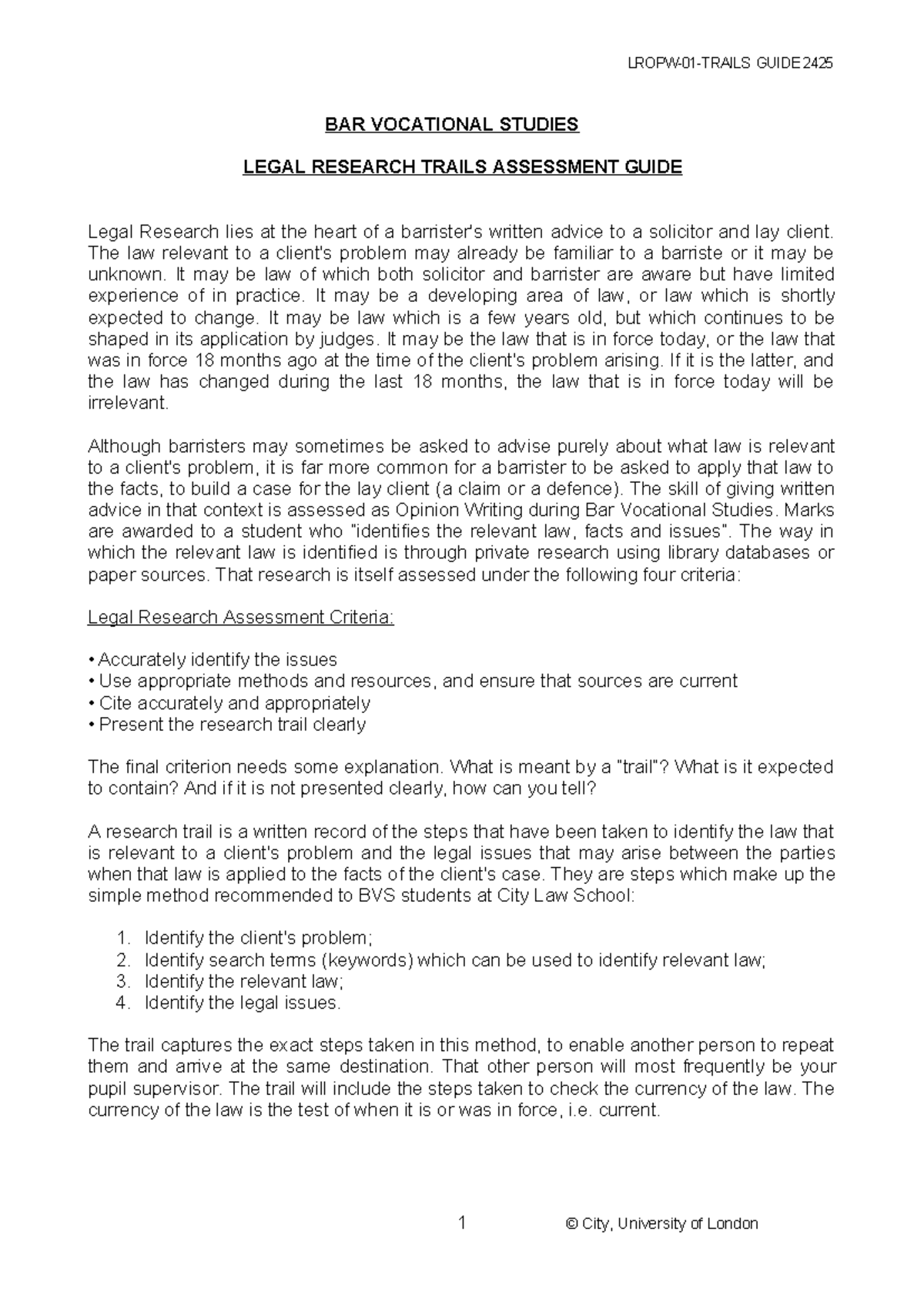 Trails assessment guide 2425 - 1 © City, University of London BAR ...