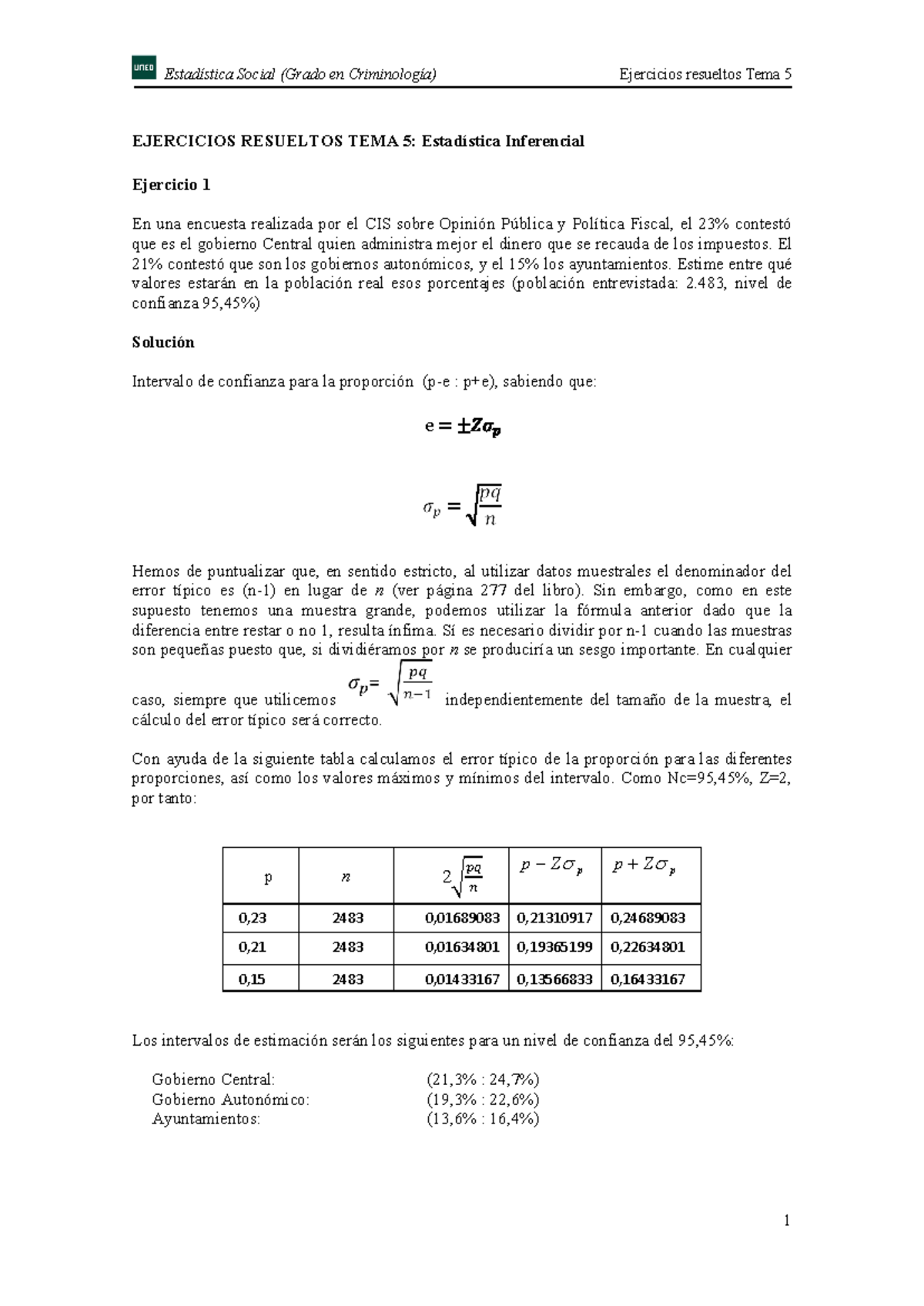 Ejercicios resueltos Tema5 Estadistica Inferencial - EJERCICIOS RESUELTOS TEMA 5: Estadística ...