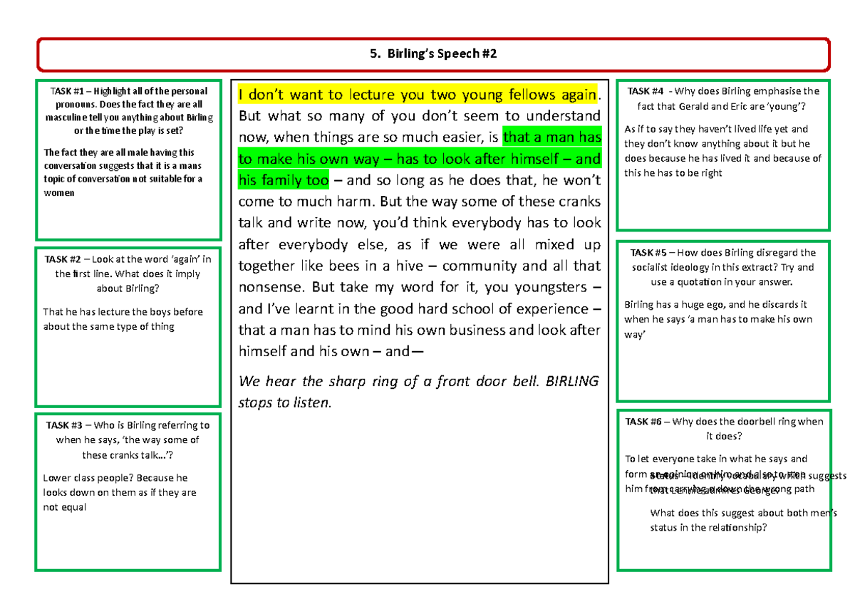 Blended learning- Birling's Speech 2 - I don’t want to lecture you two young fellows again. But ...