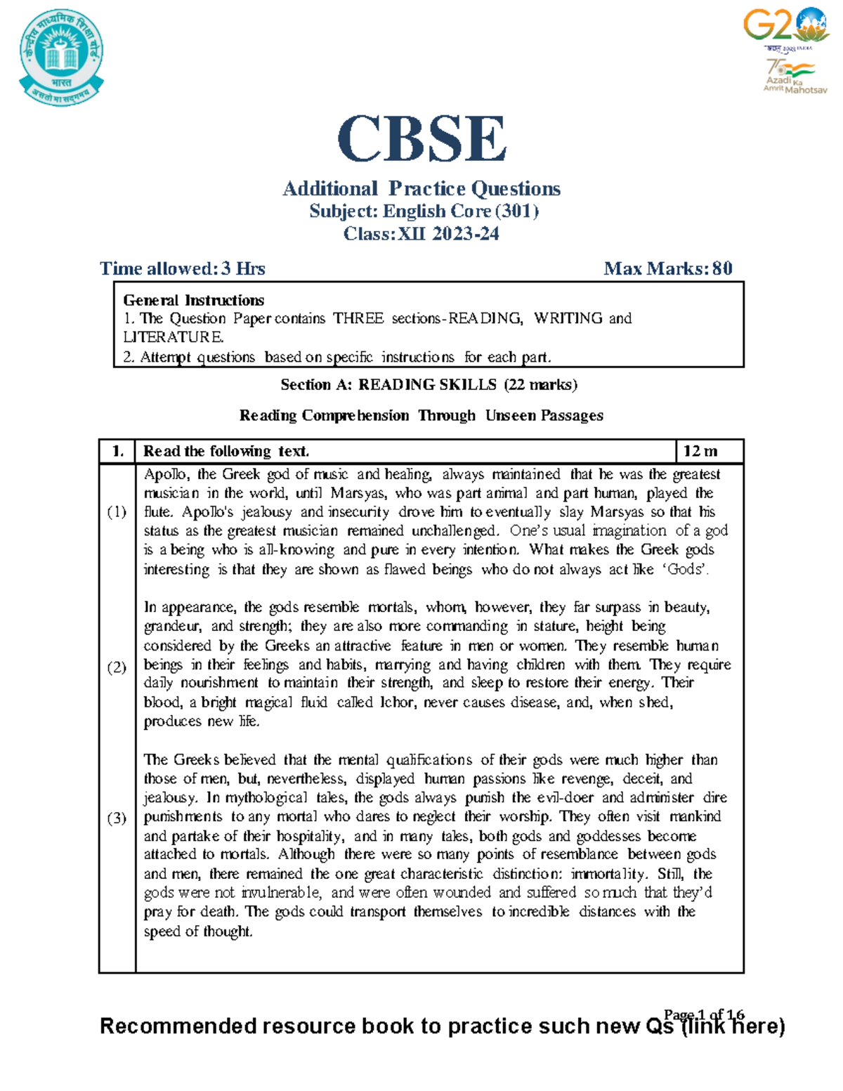 Class 12 English Core Additional Sample Paper 2023-24 - Page 1 of 16 CBSE Additional Practice ...