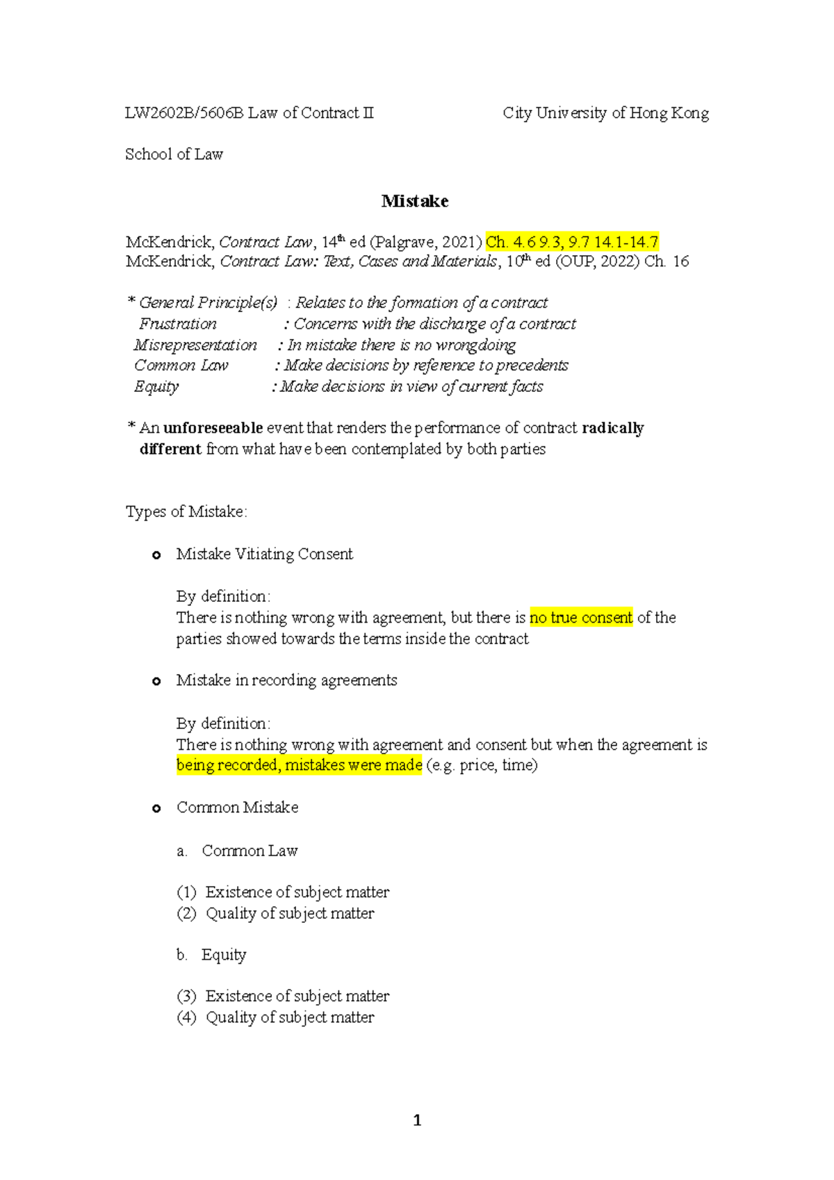 Mistake Notes - LW2602B/5606B Law of Contract II City University of ...