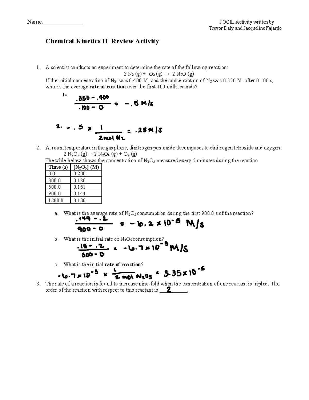 CHEM104 Workshop Practice: Kinetics - Name:_____________ POGIL Activity ...