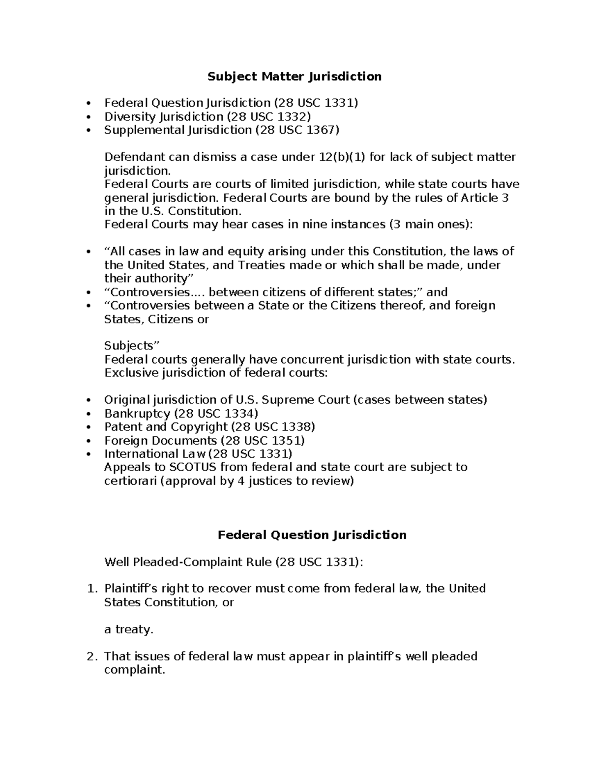 Civil Procedure - Outline - Subject Matter Jurisdiction Federal ...