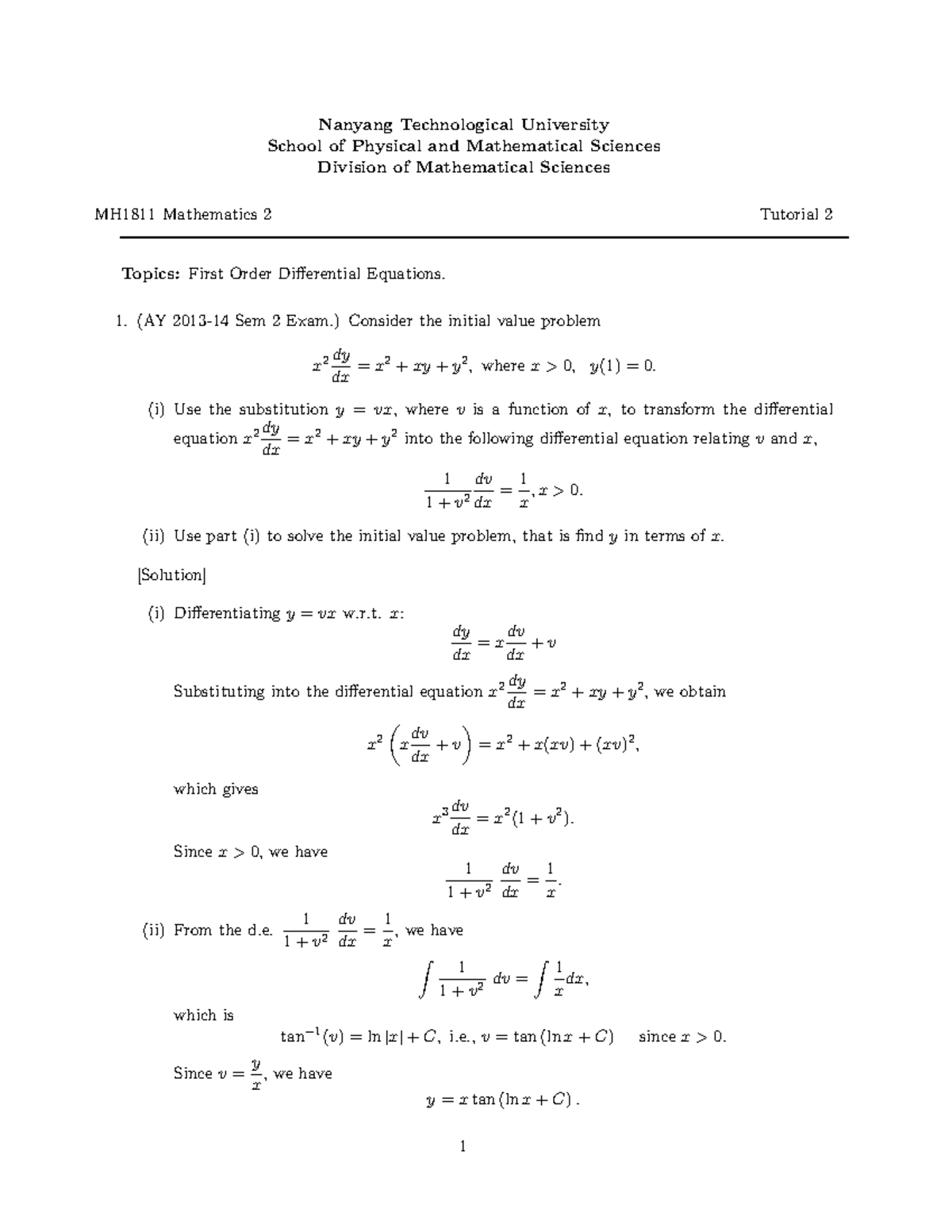 MH1811 Tutorial 2 Diff Eqn Linear soln - Nanyang Technological University School of Physical and ...
