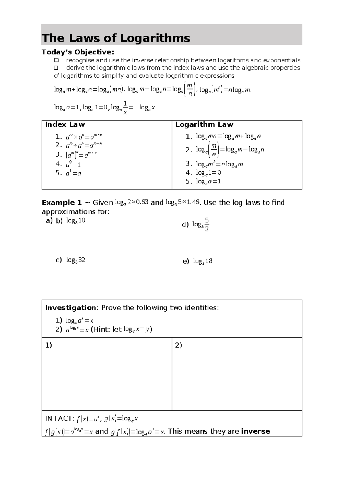 3. The Laws of Logarithms - The Laws of Logarithms Today’s Objective ...