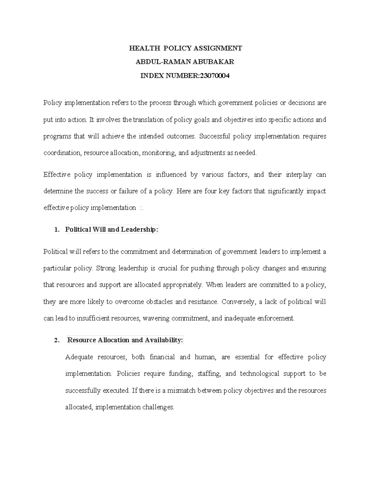 Policy Imple Assignment - HEALTH POLICY ASSIGNMENT ABDUL-RAMAN ABUBAKAR ...