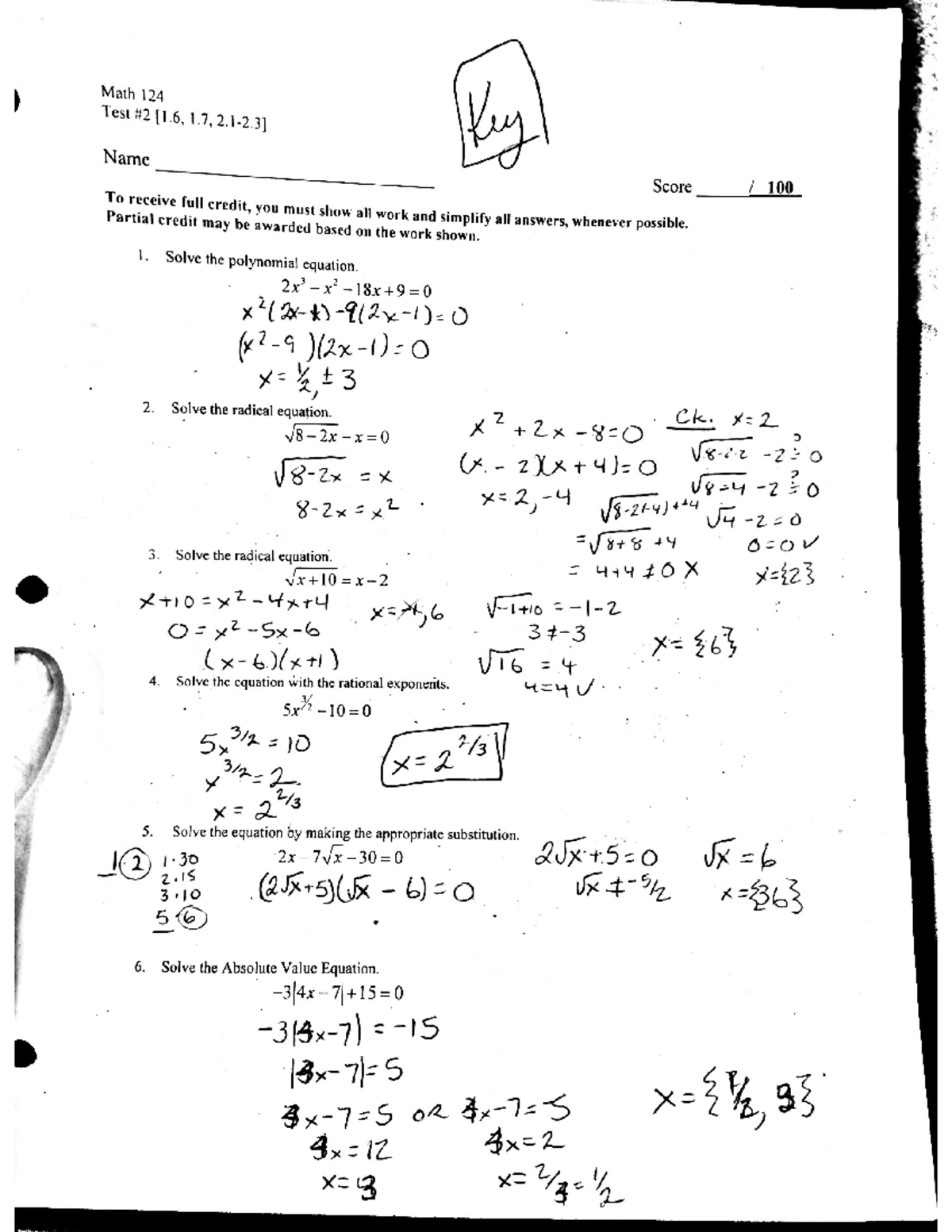 Lecture notes, lectures 6-9 - Answer key to exam #2 - Score I work and ...
