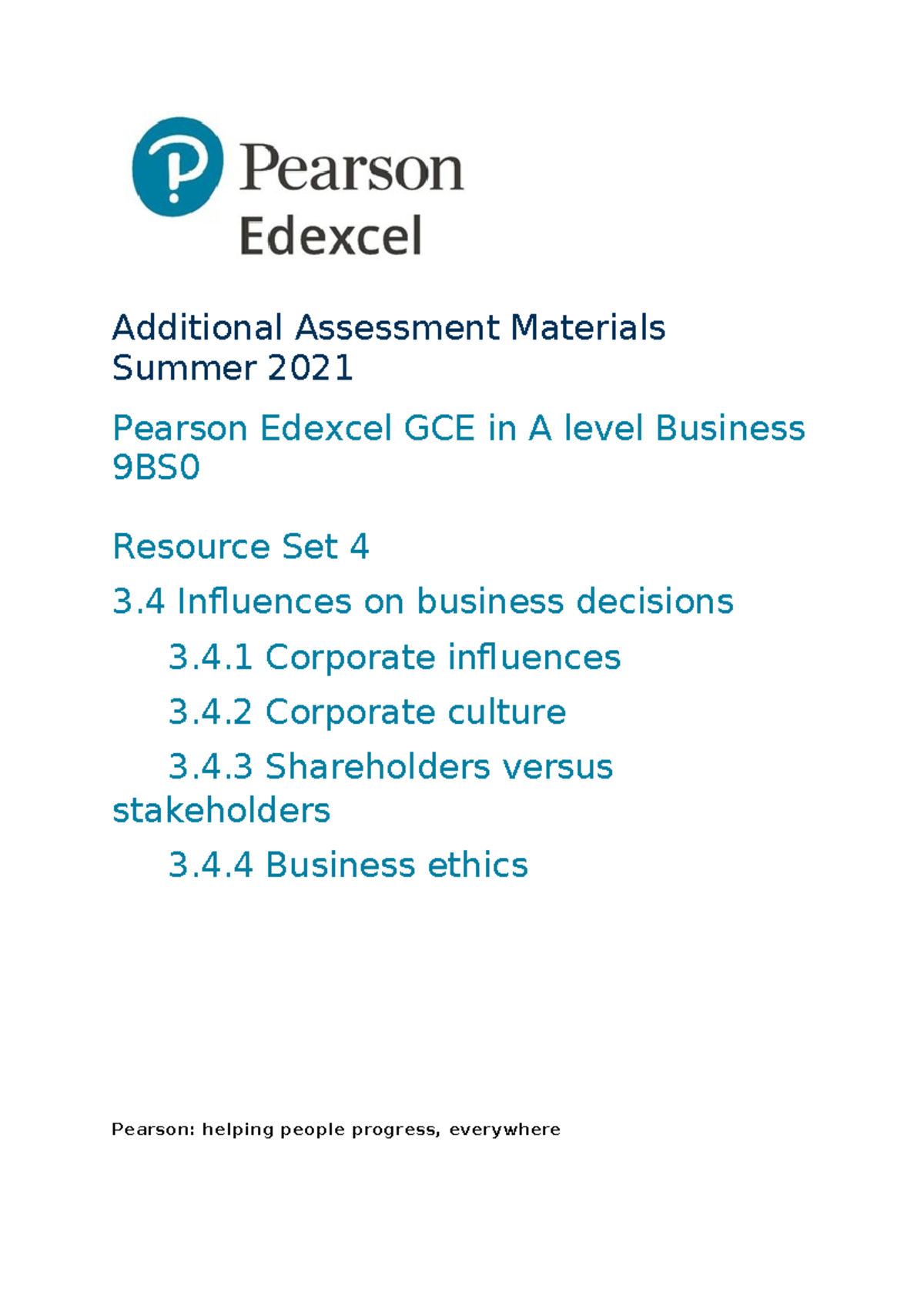 GCE Business 9BS0 Topic 3 3 - Additional Assessment Materials Summer ...