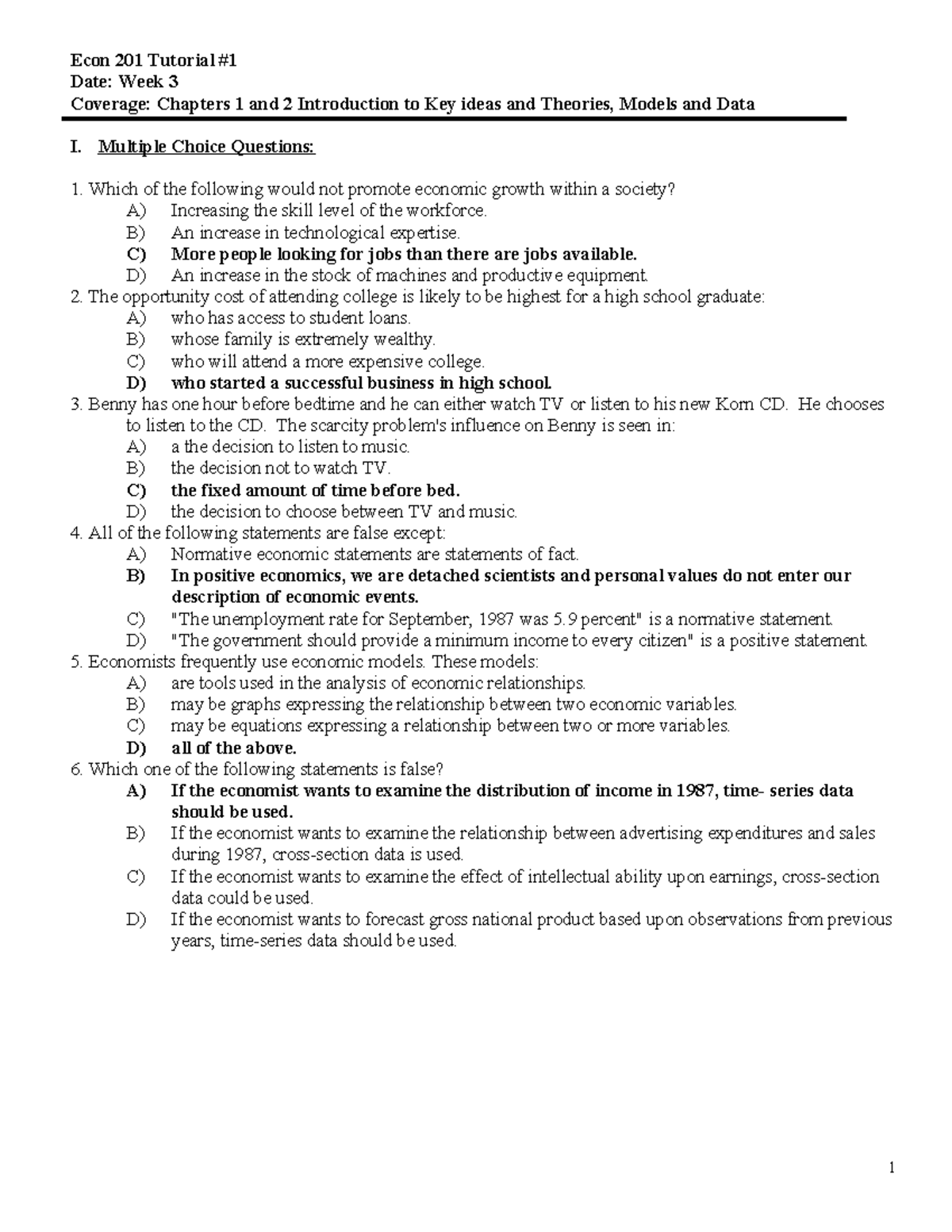 201 tutorial answers 1 - Econ 201 Tutorial Date: Week 3 Coverage: Chapters 1 and 2 Introduction ...