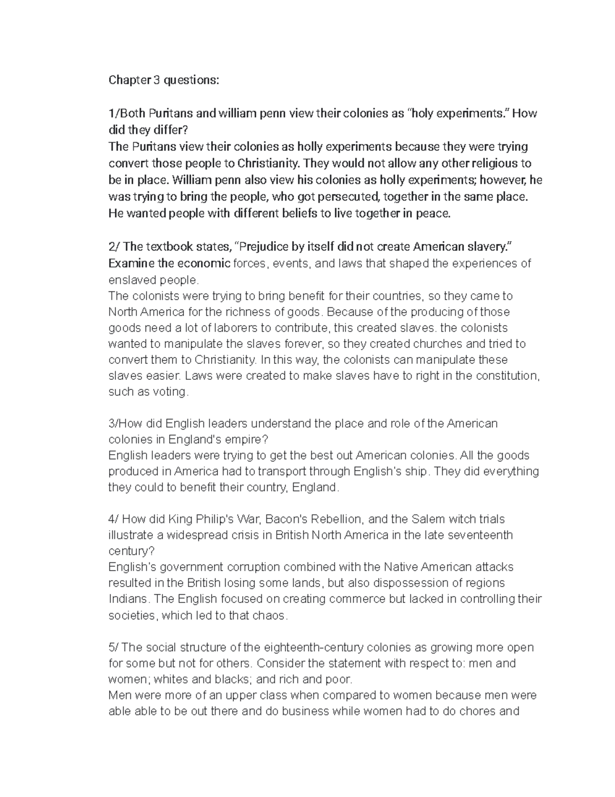 Chapter 3 questions - Chapter 3 questions: 1/Both Puritans and william ...