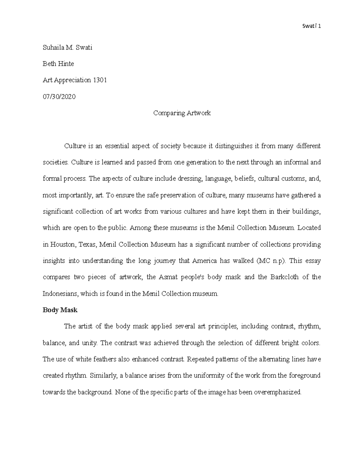 Art Museum Essay Mrs. Hinte - Suhaila M. Swati Beth Hinte Art ...