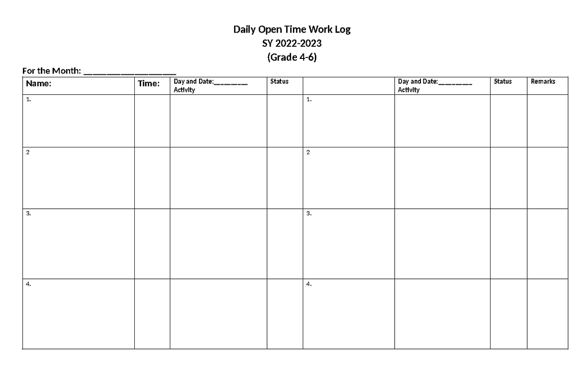 Daily Open Time Work Log (4-6 grade level) - The Teacher & The School ...
