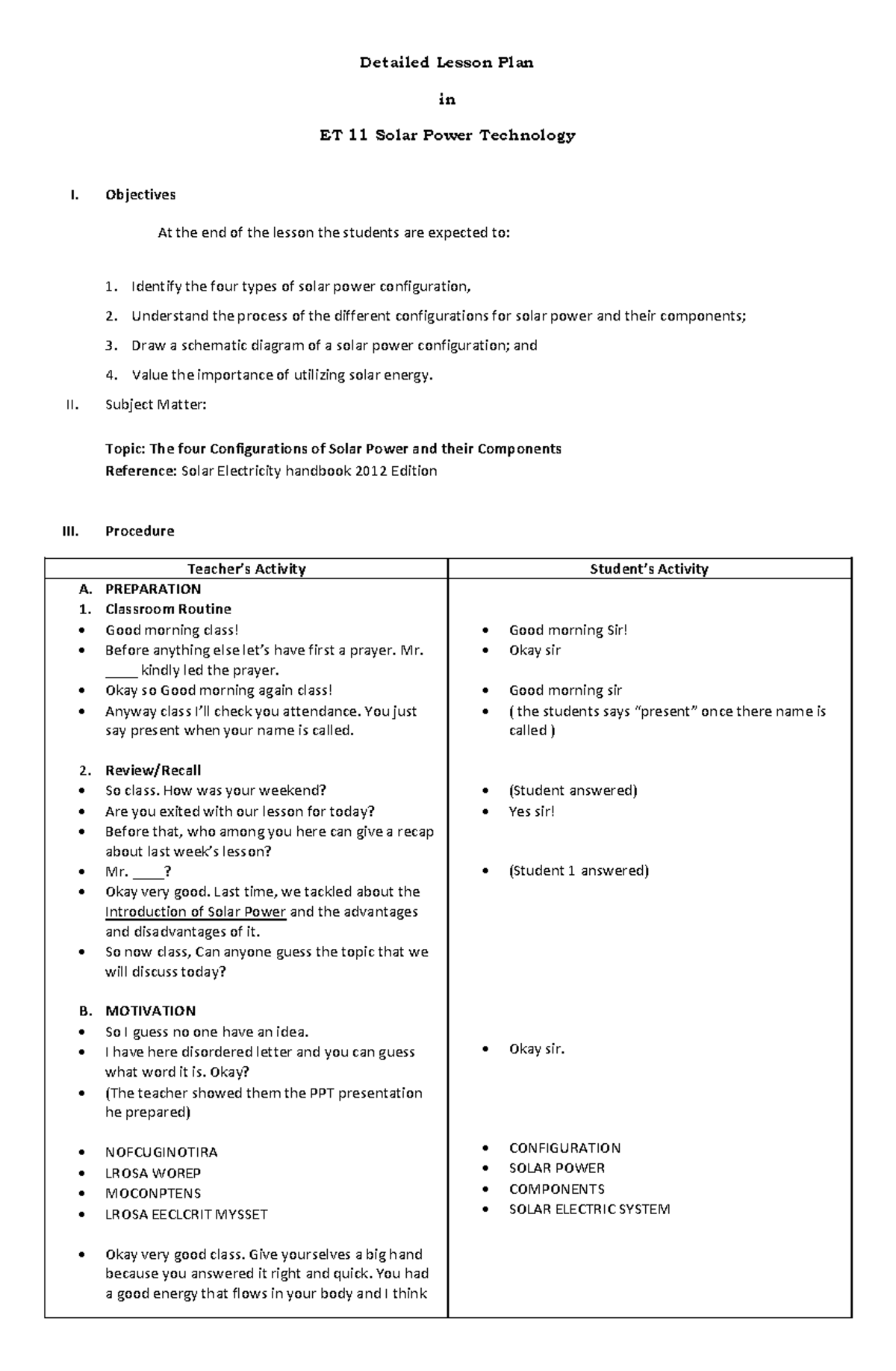Detailed Lesson Plan in Solar Panel Tech - Detailed Lesson Plan in ET ...