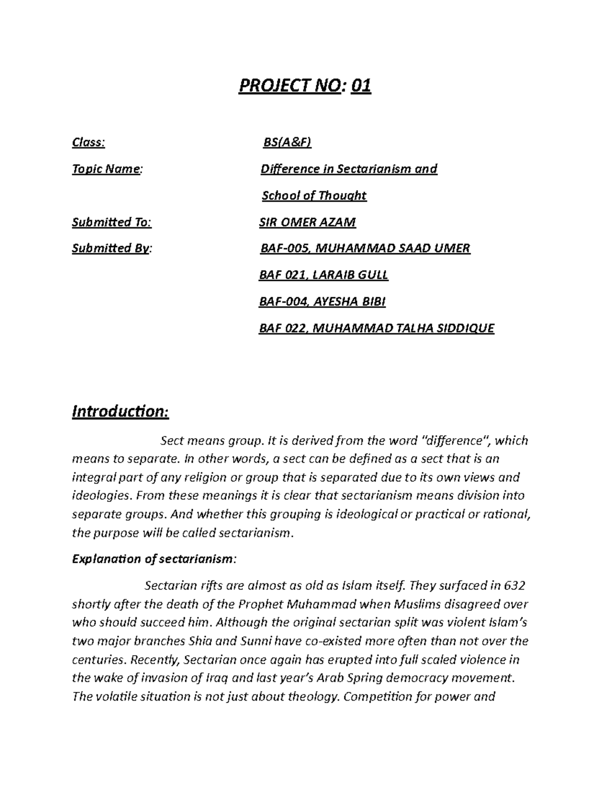 Islamic Studies Project 1 - PROJECT NO: 01 Class: BS(A&F) Topic Name ...