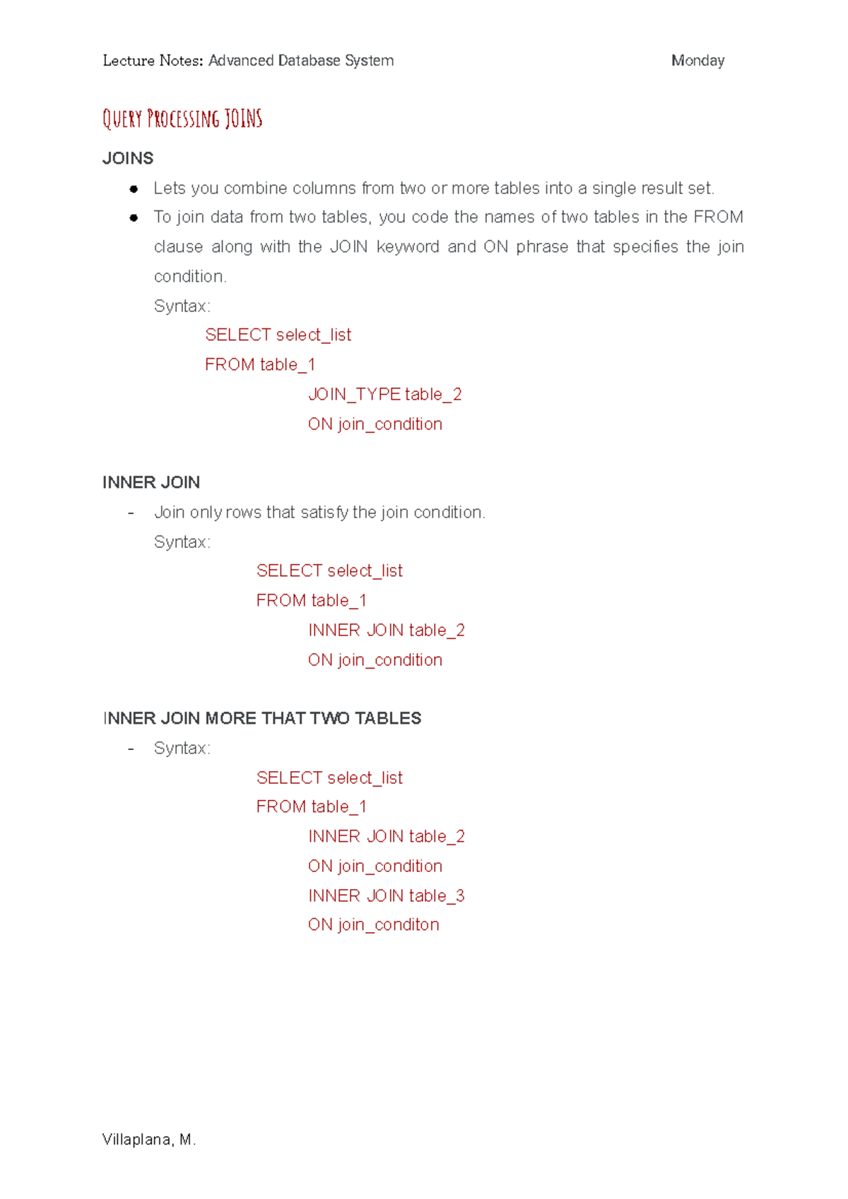 Query Processing Joins - Week8(Lecture Notes) - Lecture Notes: Advanced ...