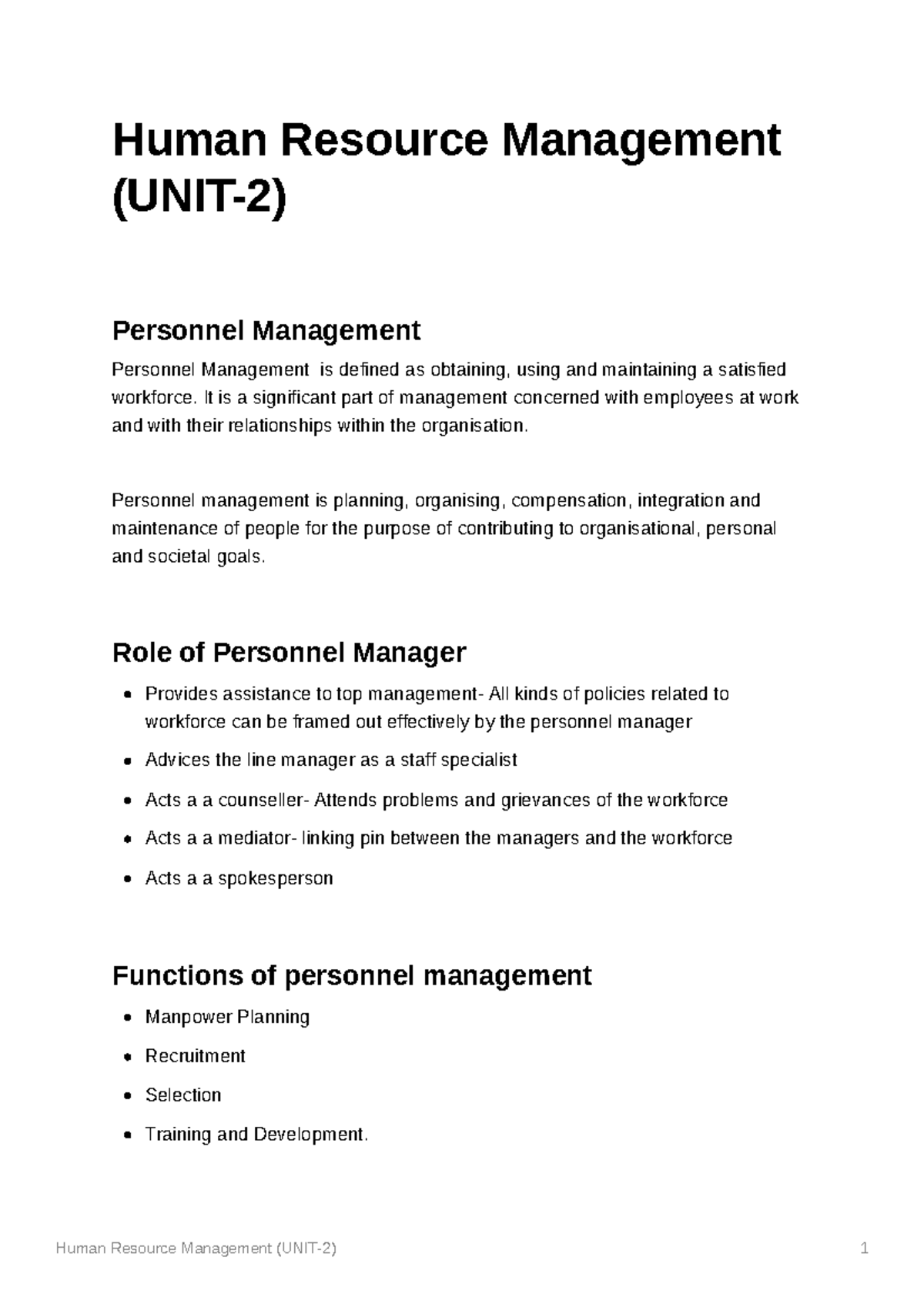 Personnel Management - Human Resource Management (UNIT-2) 1 Human ...