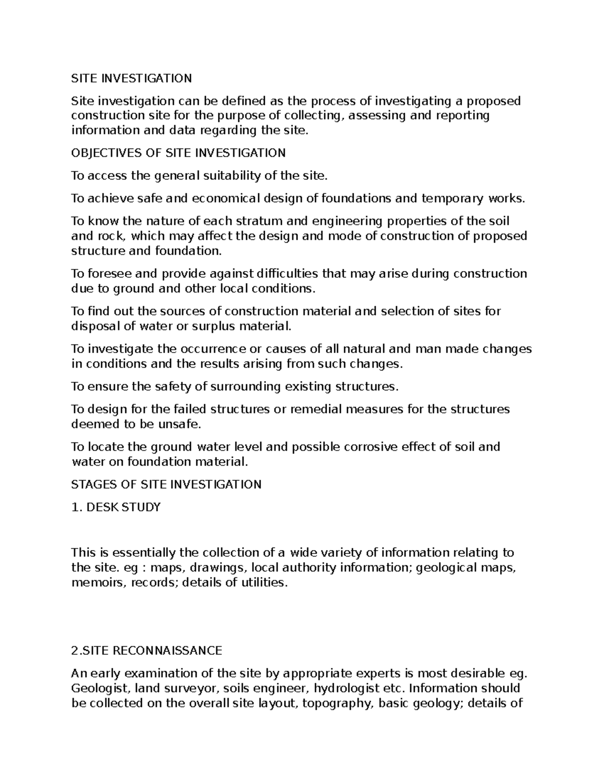 Site invest - SITE INVESTIGATION Site investigation can be defined as ...