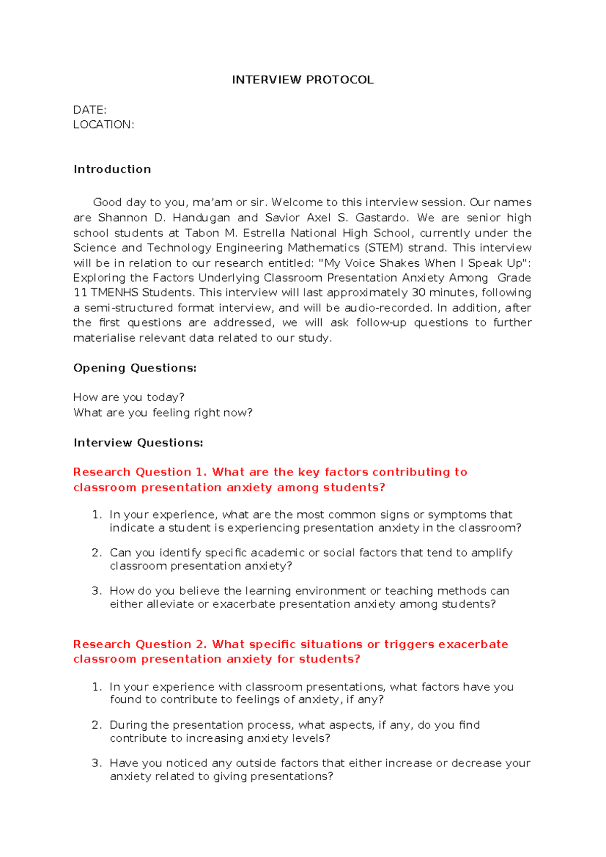 Interview Protocol Handugan Gastardo - INTERVIEW PROTOCOL DATE ...