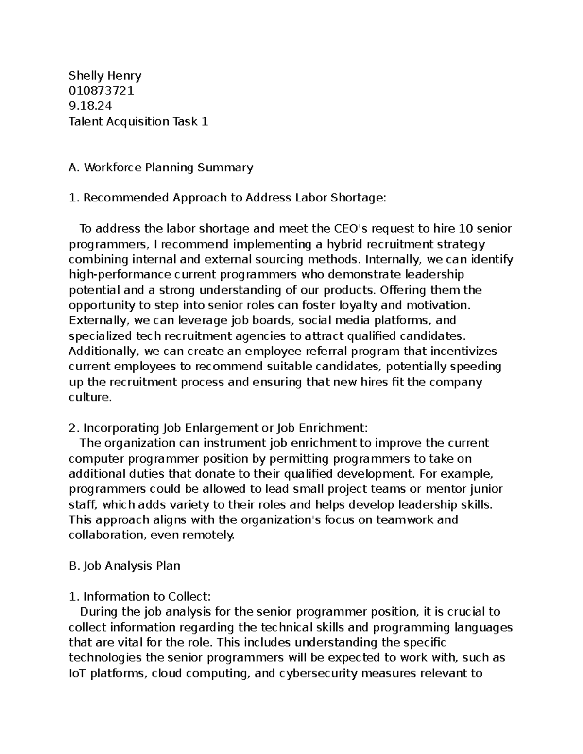 Takent Acquisition D354 Task 1 - Shelly Henry 010873721 9. Talent ...