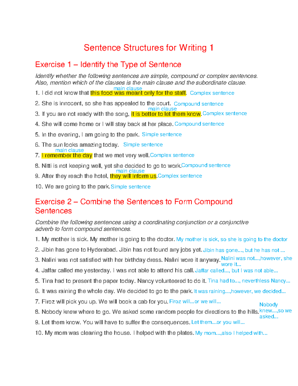 Sentence Structures for Writing 1 - Also, mention which of the clauses ...