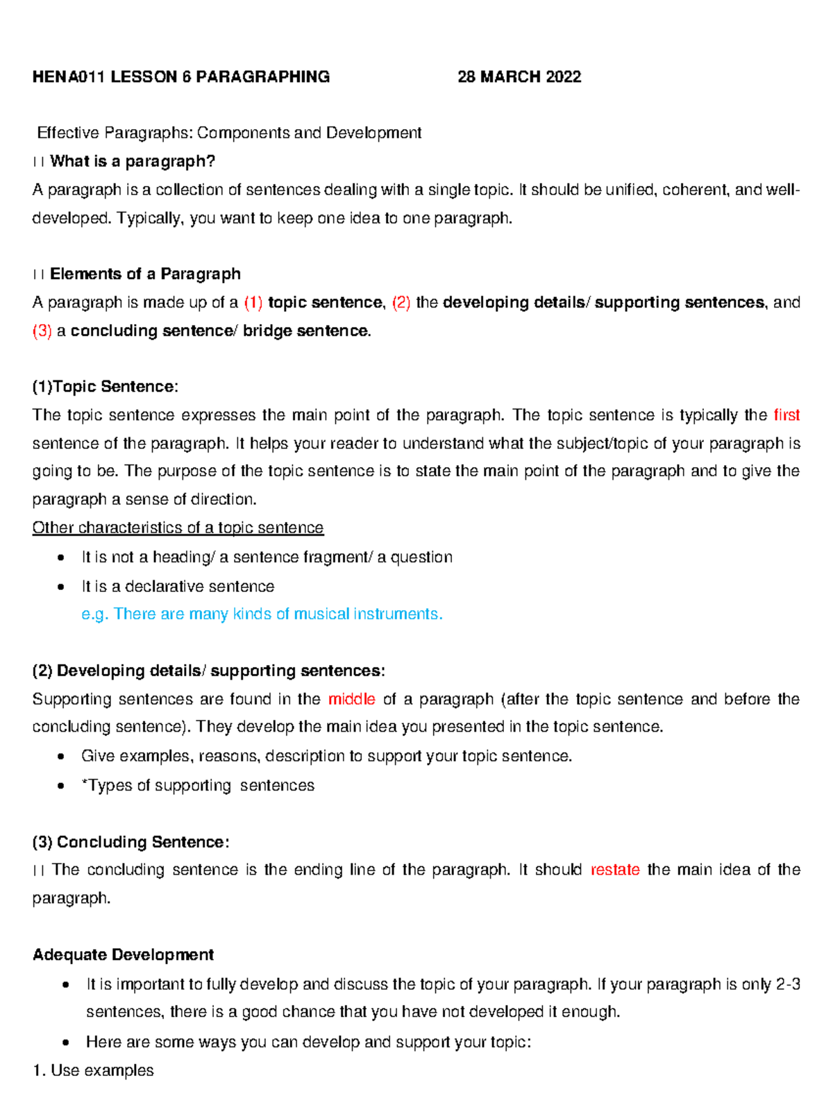 HENA011 Language Lesson 6 Paragraphing - HENA011 LESSON 6 PARAGRAPHING ...