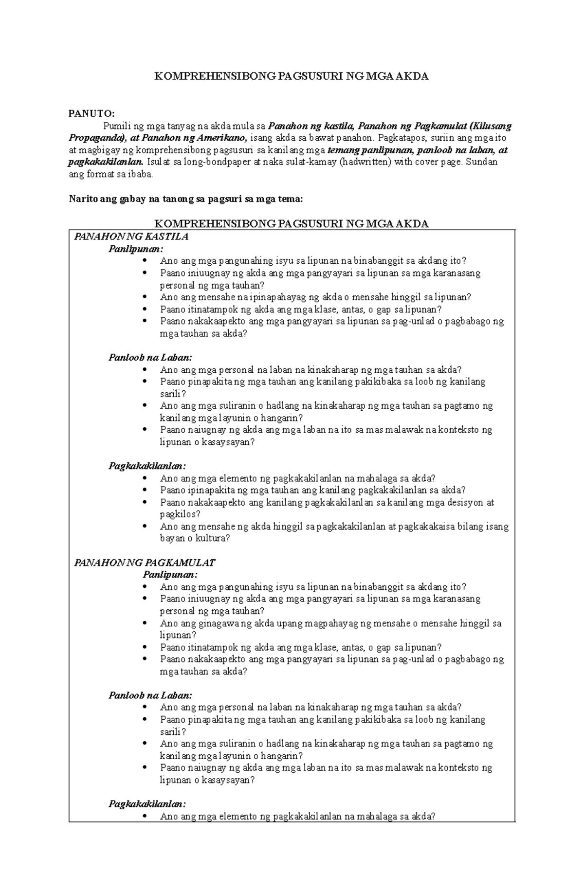 Komprehensibong Pagsusuri Panitikang Filipino - KOMPREHENSIBONG ...