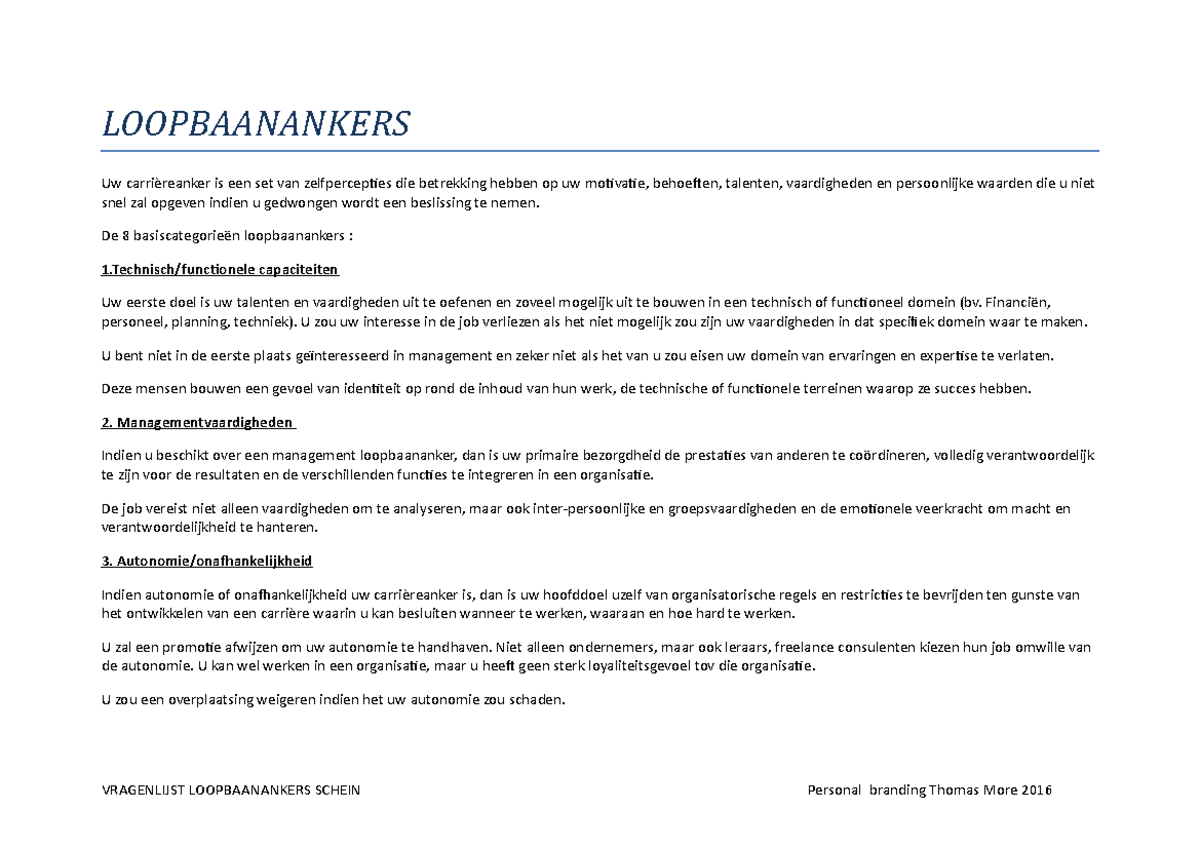 2016 0311 Vragenlijst Loopbaanankers Schein - LOOPBAANANKERS Uw carrièreanker is een set van ...
