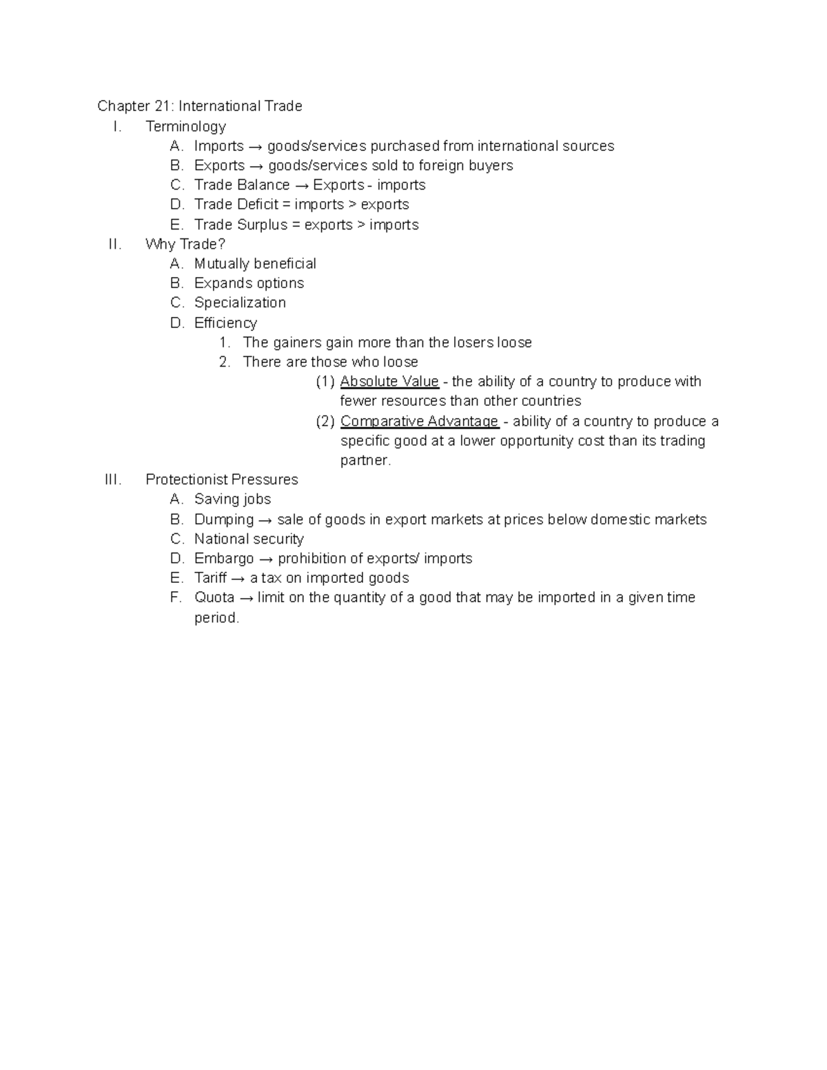 ECON Chap 21 Notes - Chapter 21: International Trade I. Terminology A ...