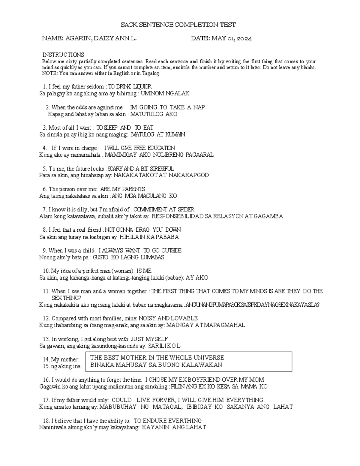 SACK Completion Sentence TEST 1 - SACK SENTENCE COMPLETION TEST NAME ...