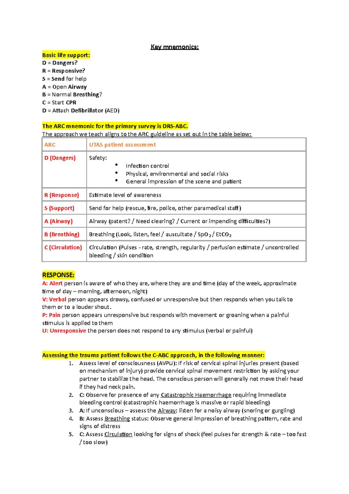 Key mnemonics for Paramedic practice 1 - Key mnemonics: Basic life ...