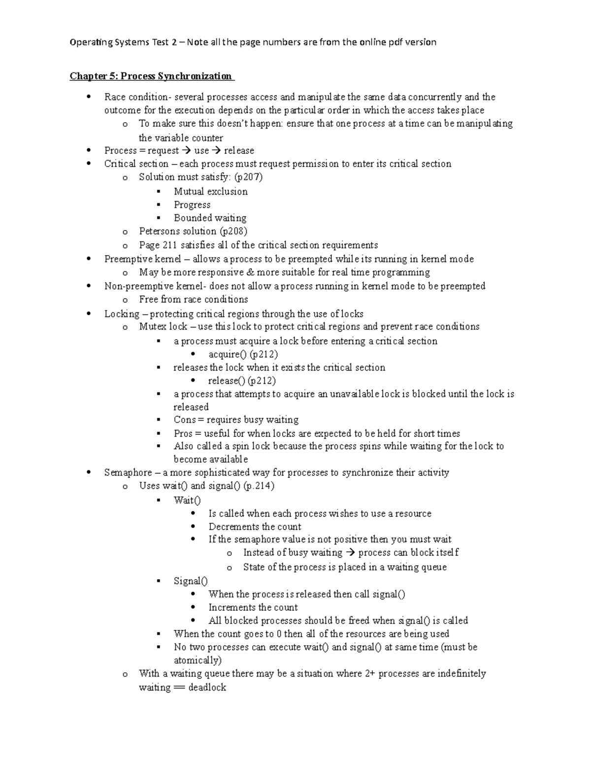 Study guide Test 2 - Chapter 5: Process Synchronization Race condition ...