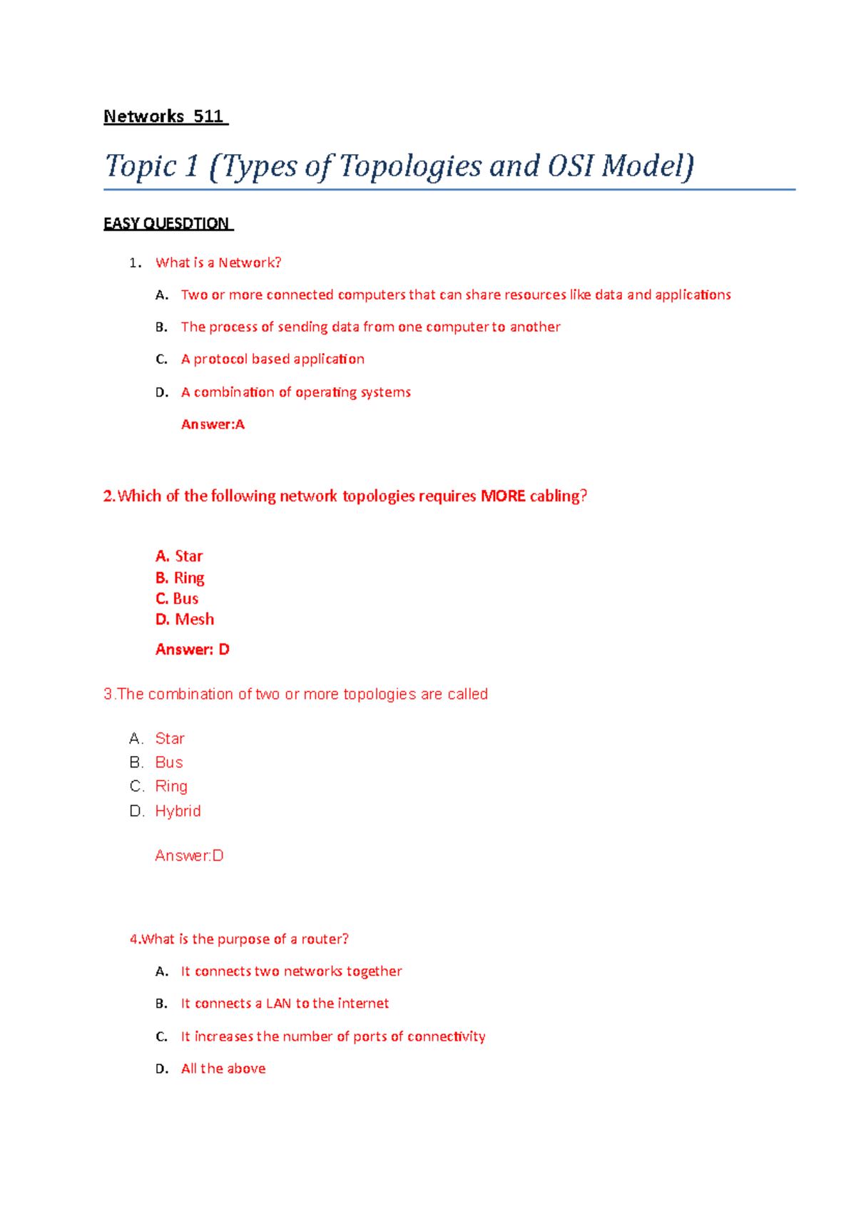 Networks 511 CA 1 Test MCQ - Networks 511 Topic 1 (Types of Topologies ...