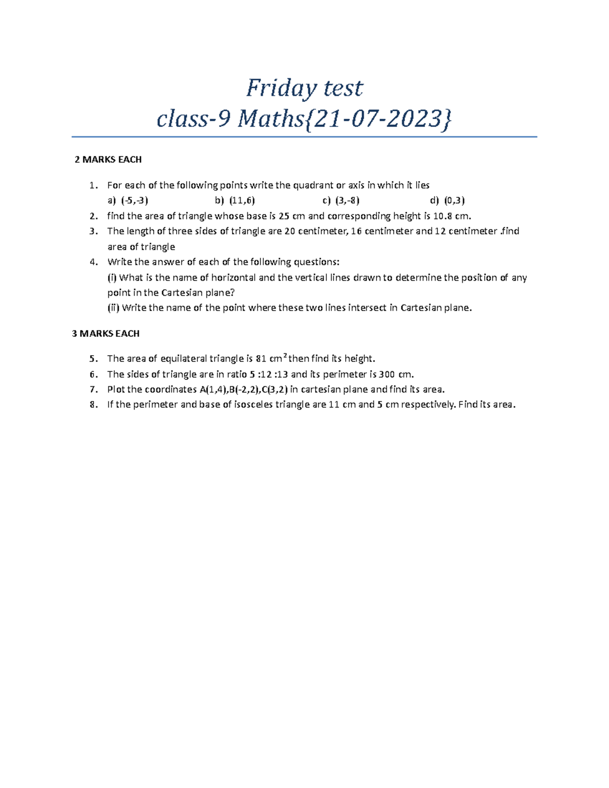 Friday tes1 - maths question paper random - Friday test class-9 Maths ...