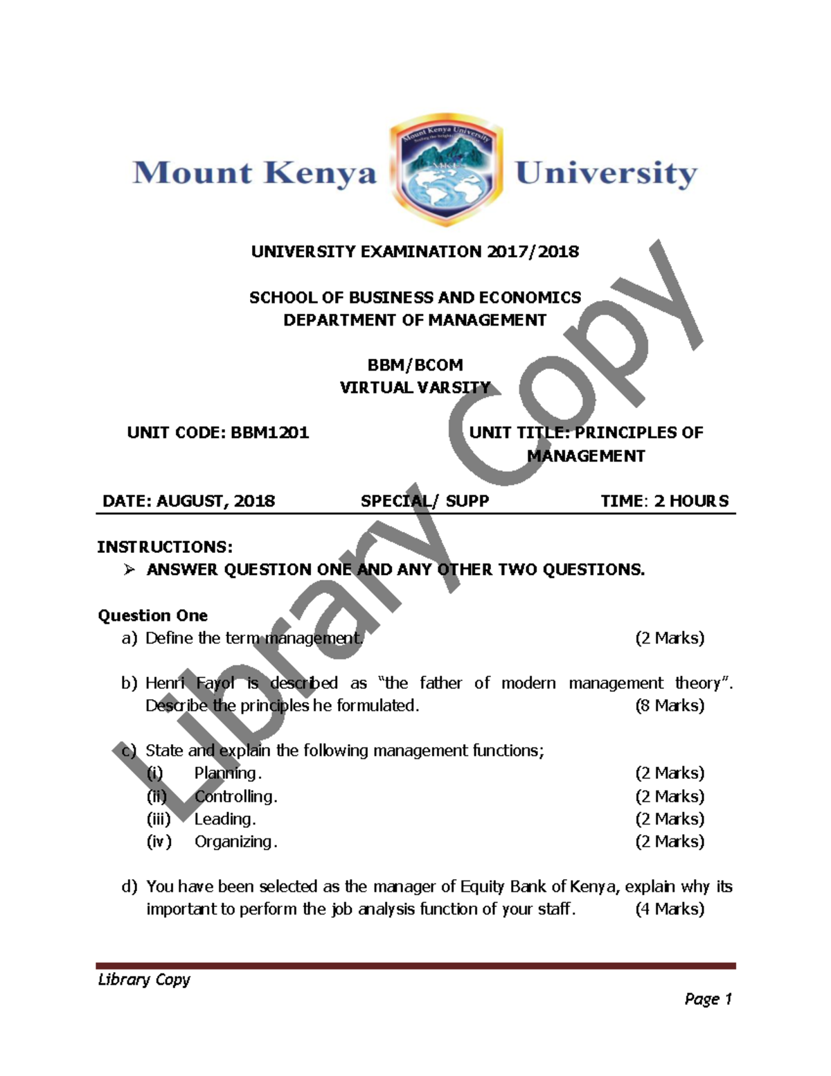 Bbm1201 Principles Of Management Virt Supp Library Copy Page 1 University Examination 2017