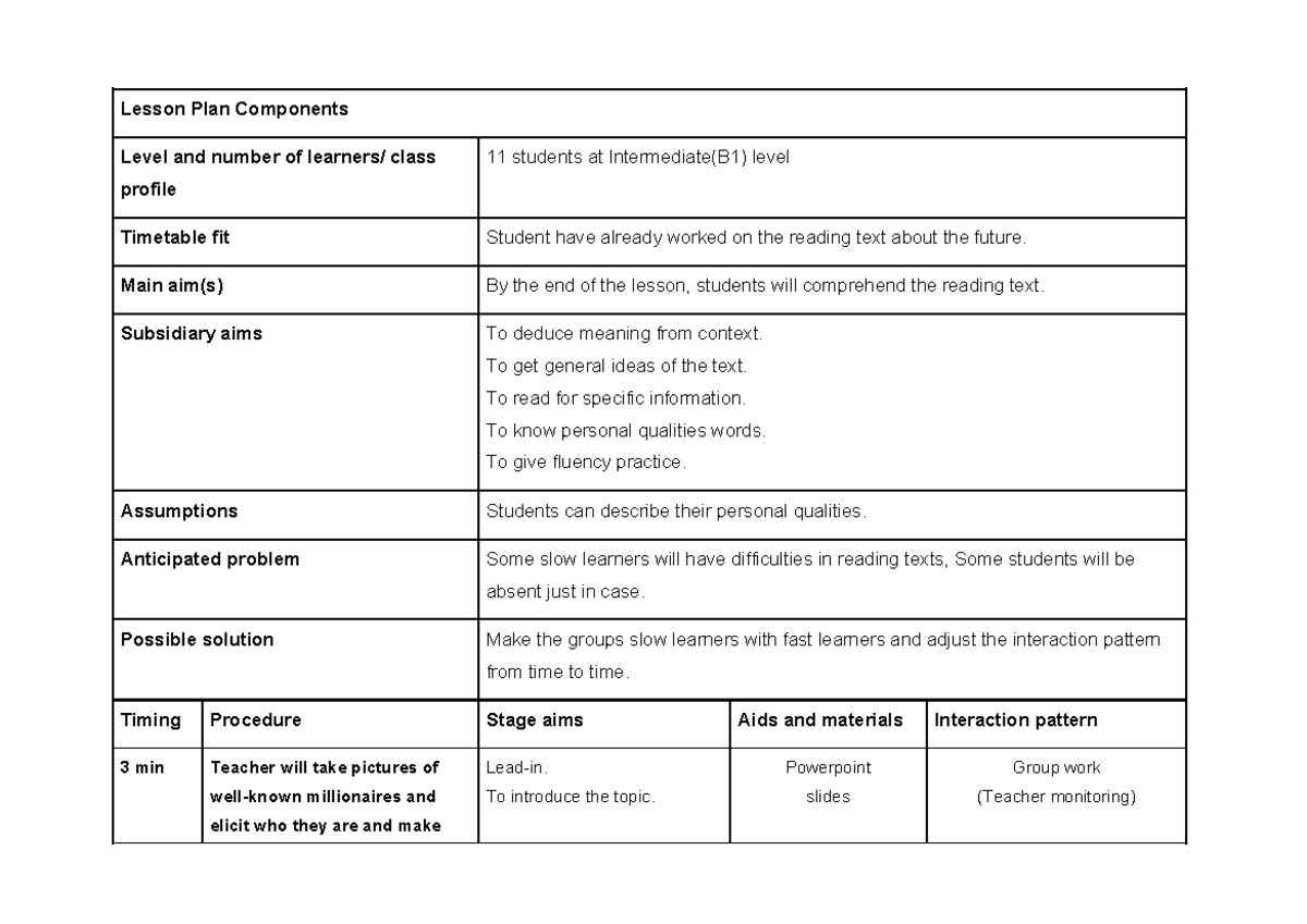 Lesson Plan Format (5) - English - Lesson Plan Components Level and ...