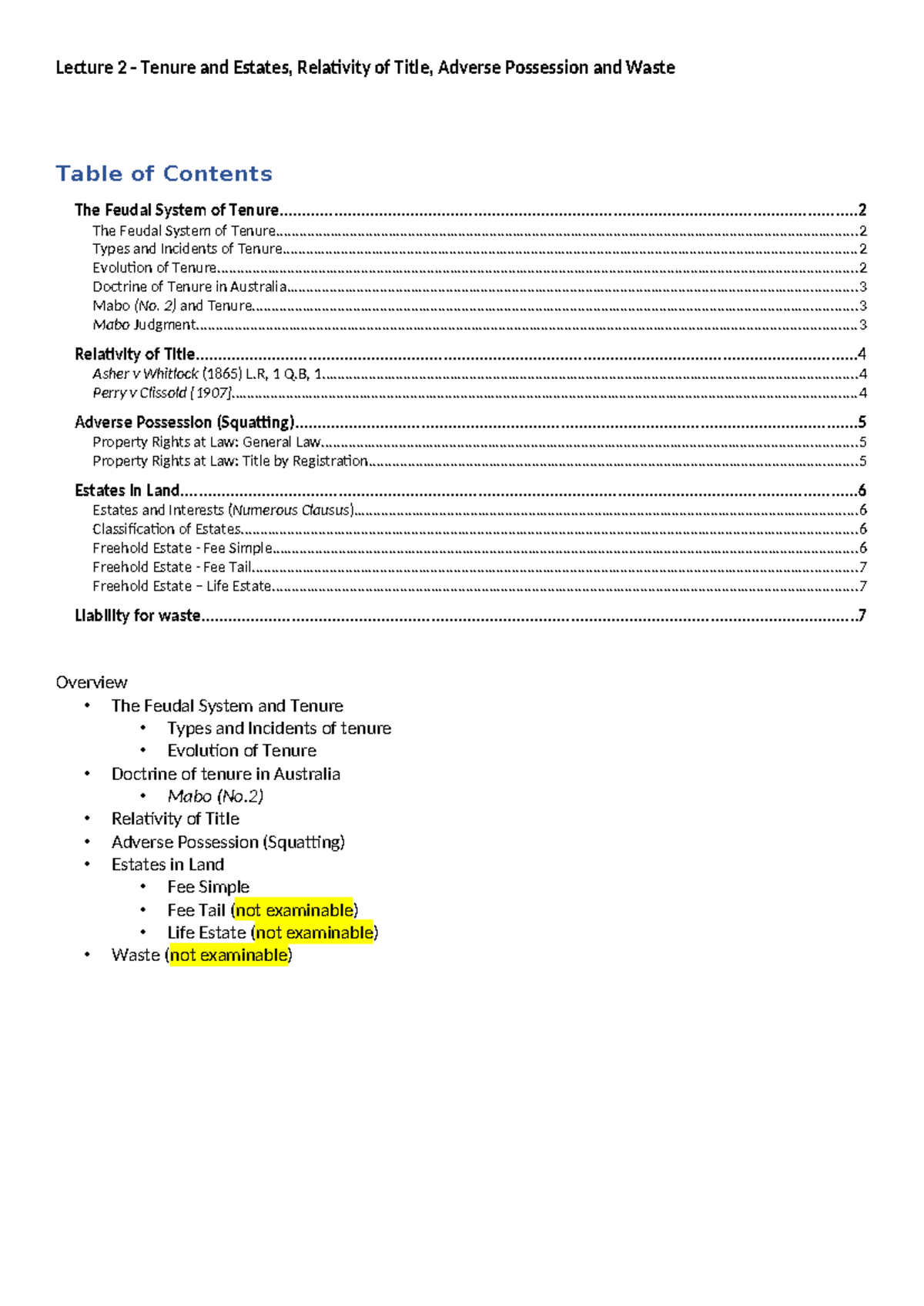 Lecture 2 - Lecture 2 - Tenure and Estates, Relativity of Title ...
