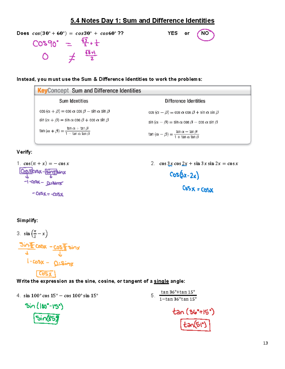 5.4 Day 1 Notes KEY - 13 5 Notes Day 1: Sum and Difference Identities ...