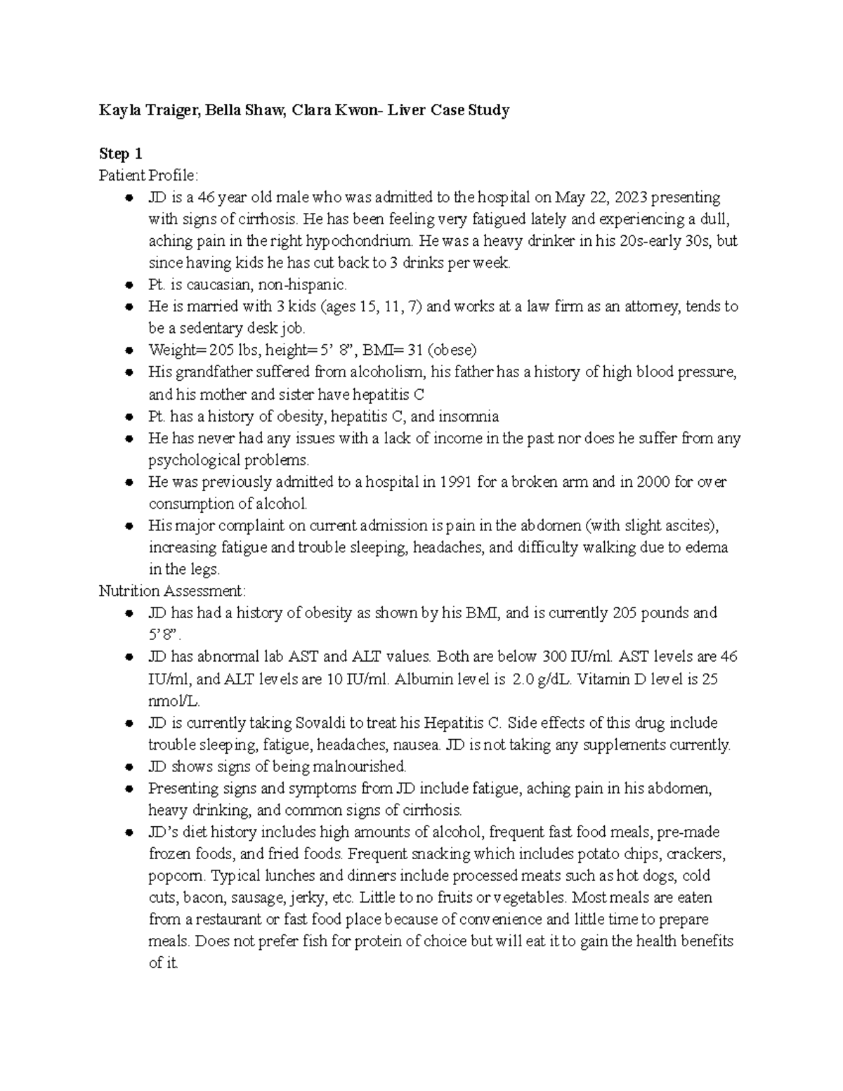 Liver Case Study - Kayla Traiger, Bella Shaw, Clara Kwon- Liver Case Study Step 1 Patient ...