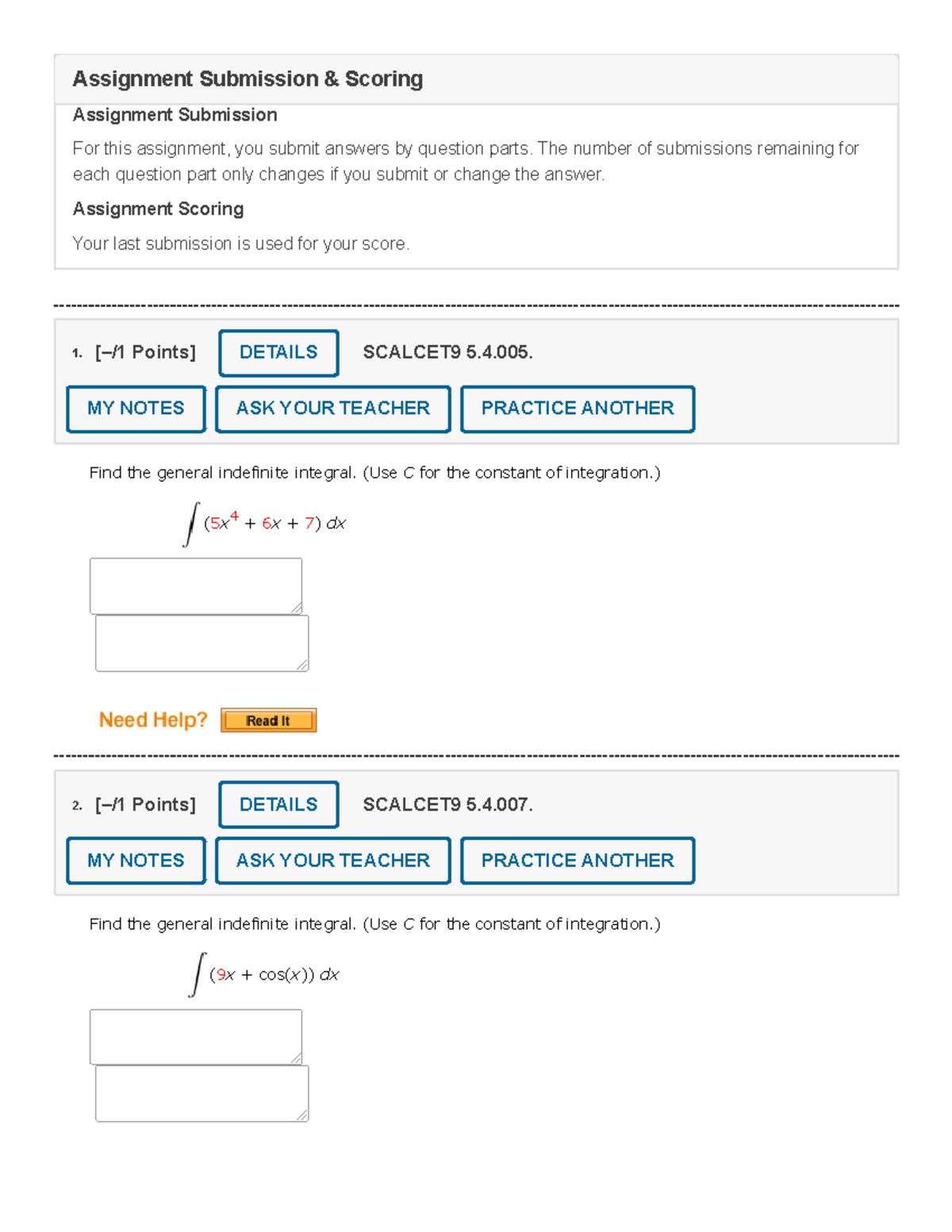 5.4 Homework - Indefinite Integrals, Net Change - MATH 1910 Spring 2022 ...