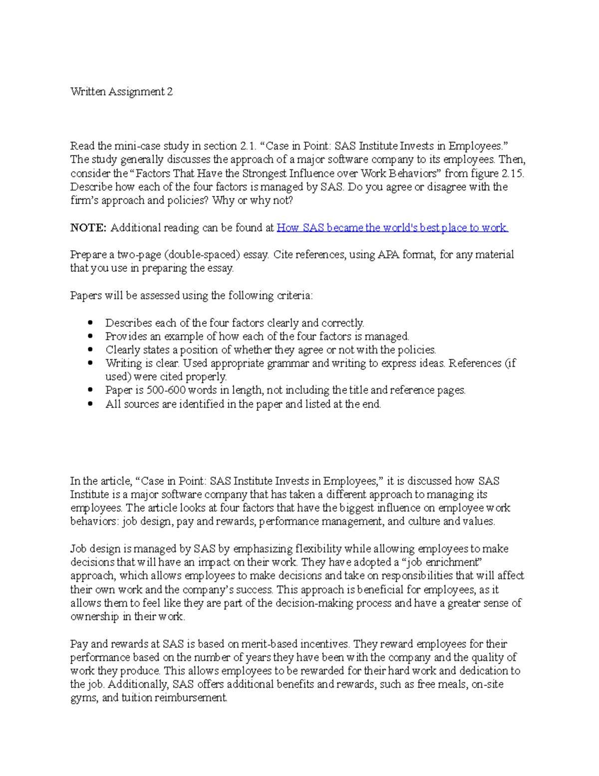 Written Assignment 2 - • Describes each of the four factors clearly and correctly. • Provides an ...