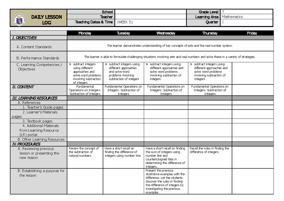 Sample Grade 7 DLL Q1W5 - DAILY LESSON LOG School Grade Level 7 Teacher ...