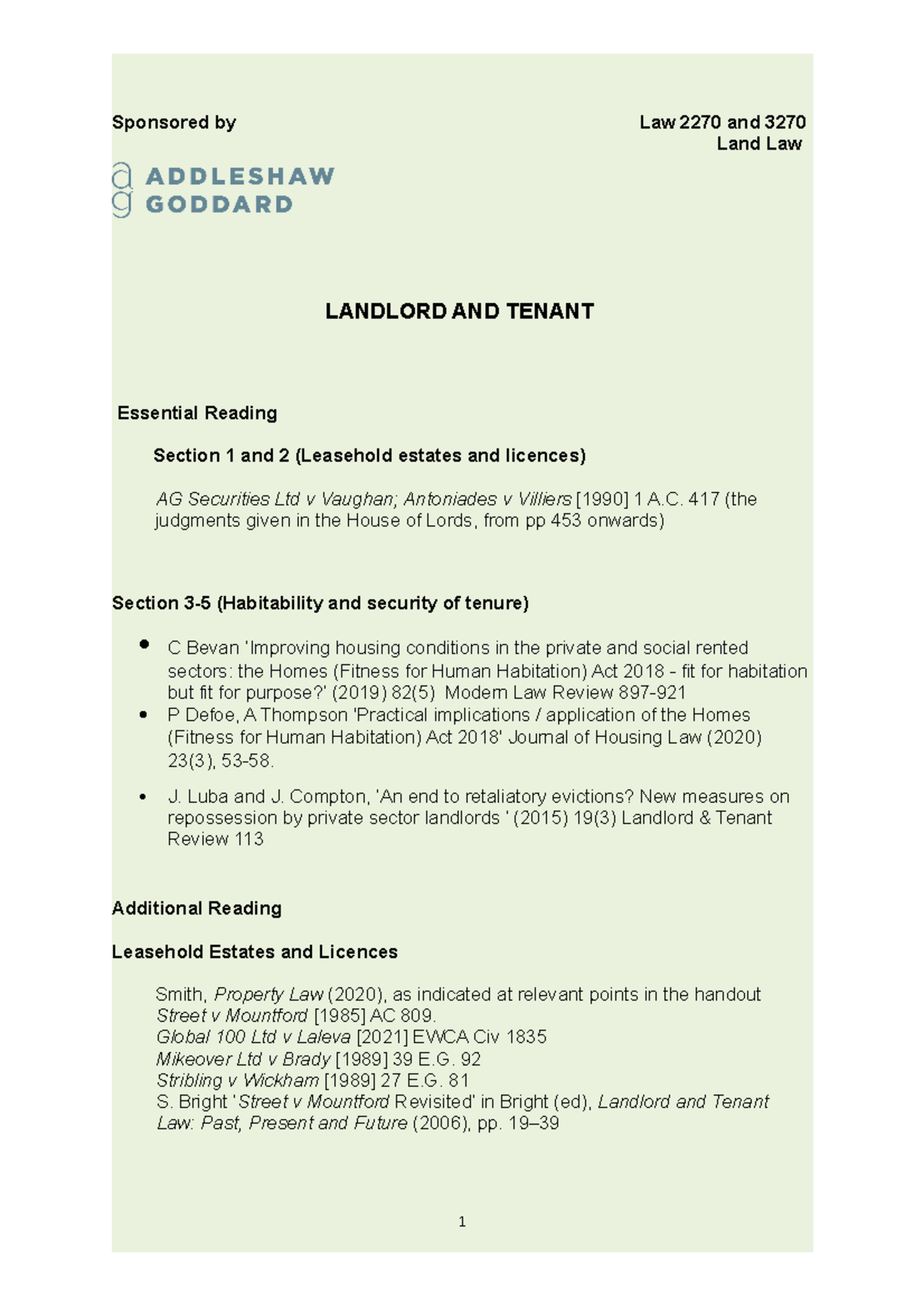 Land 2 (Landlord and Tenant) - Handout (2023) (1)(1) - Sponsored by Law ...