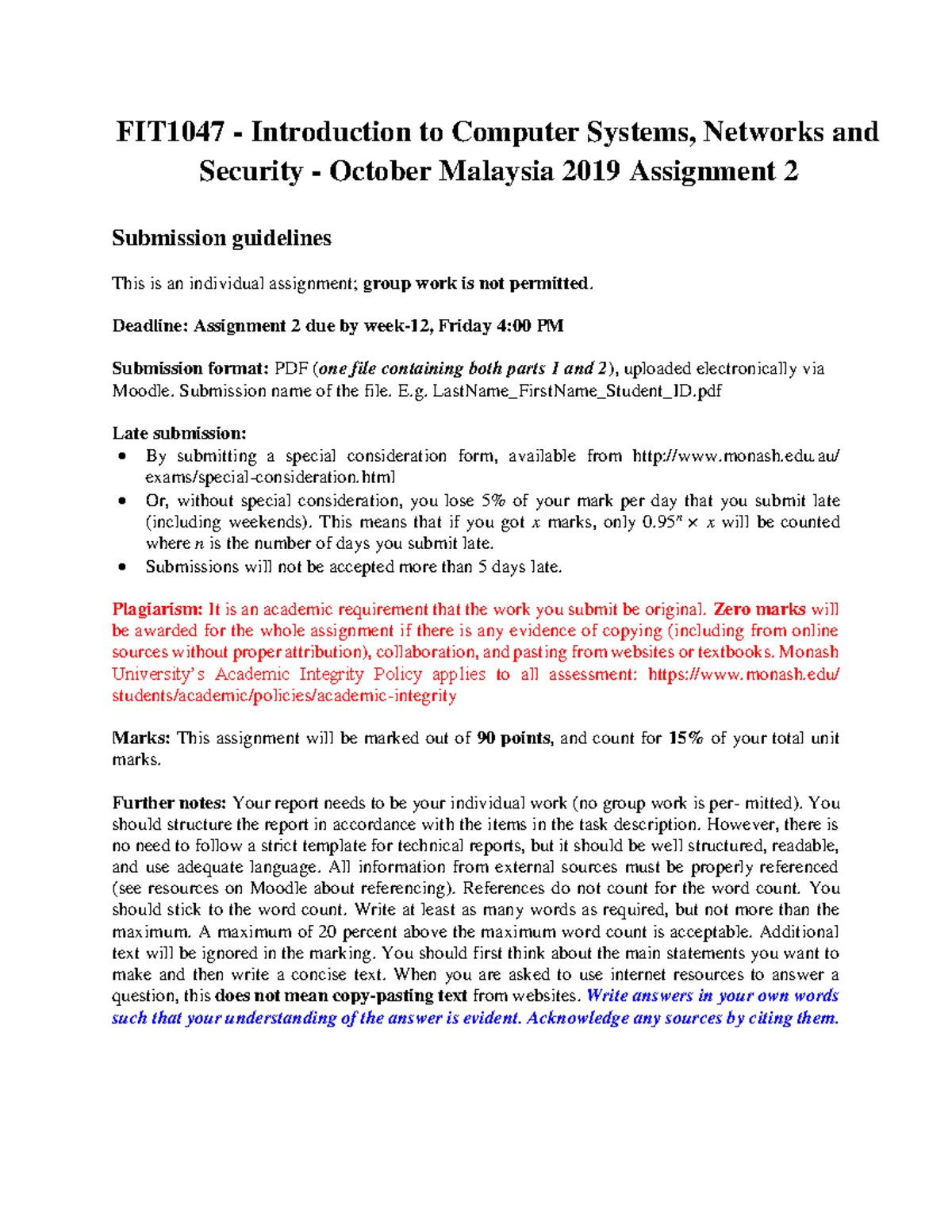 2019 Oct FIT1047-Assignment 2 - FIT1047 - Introduction to Computer Systems, Networks and ...