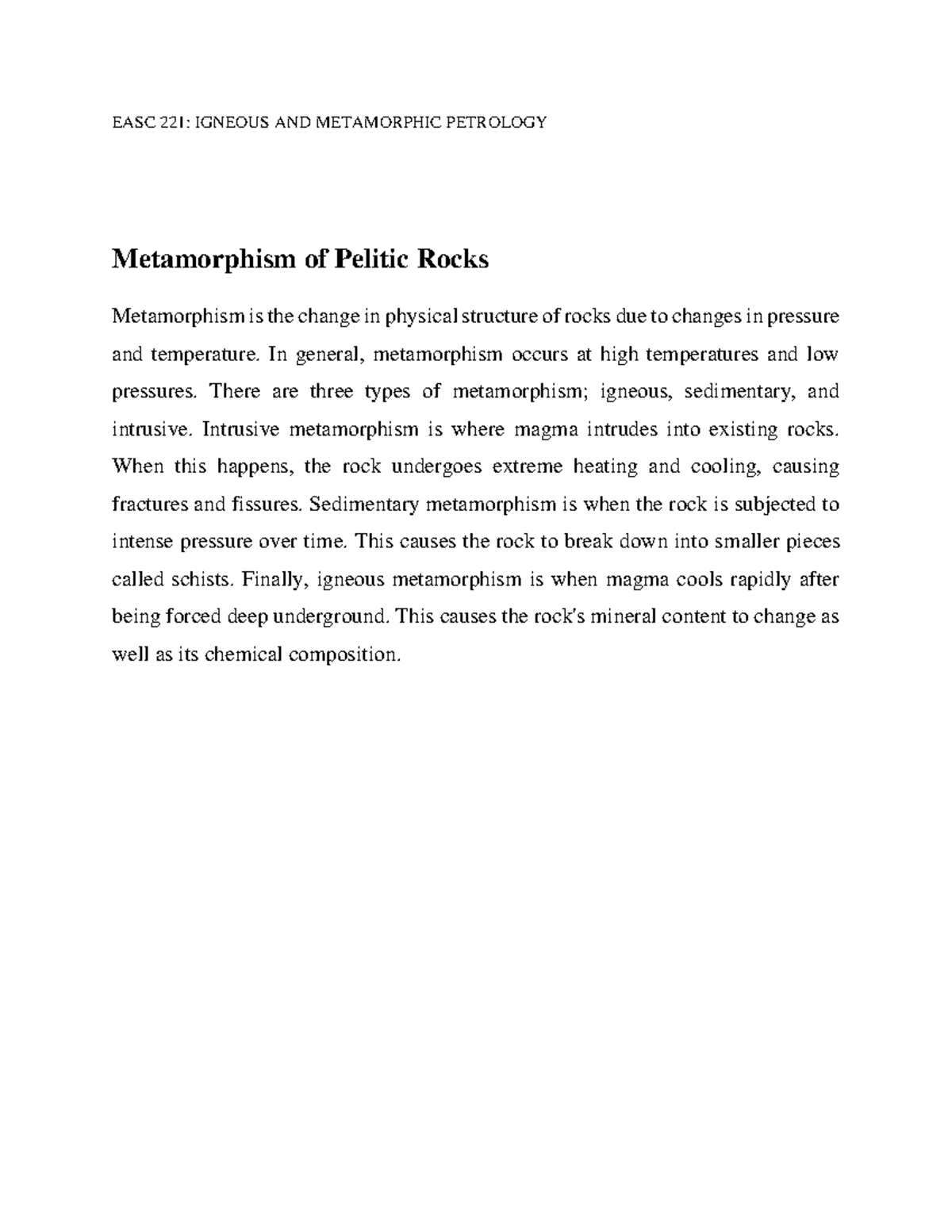 Metamorphism of pelitic rocks - EASC 221: IGNEOUS AND METAMORPHIC ...