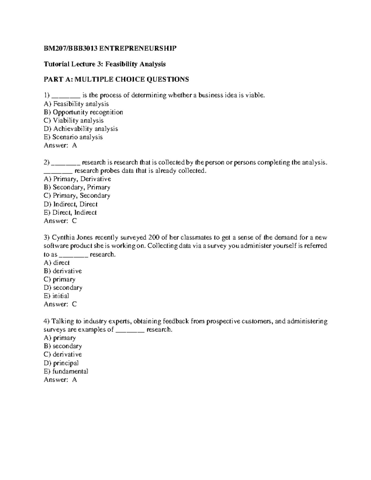 Tutorial 3 Answers - BM207/BBB3013 ENTREPRENEURSHIP Tutorial Lecture 3 ...