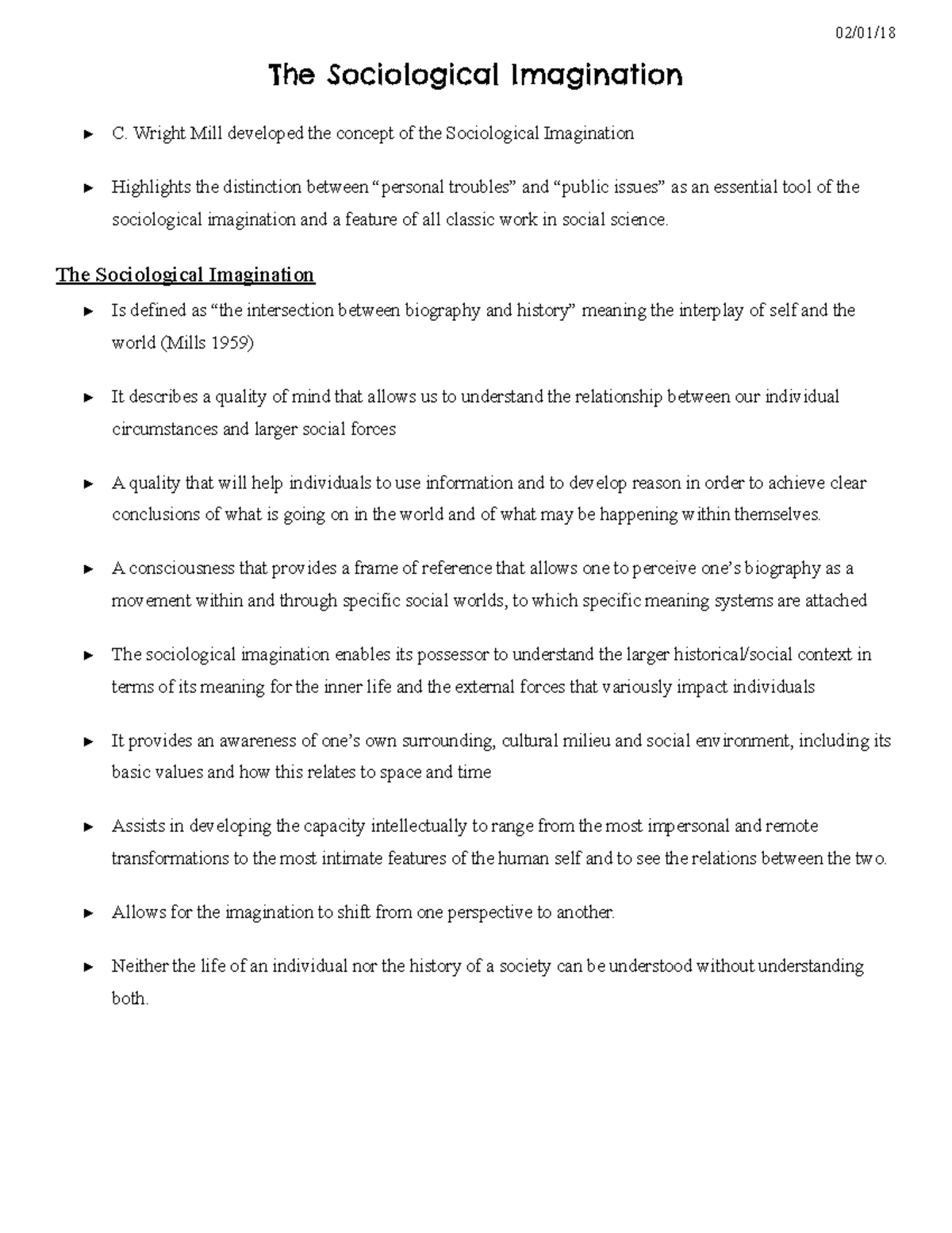 The Sociological Imagination - Wright Mill developed the concept of the ...