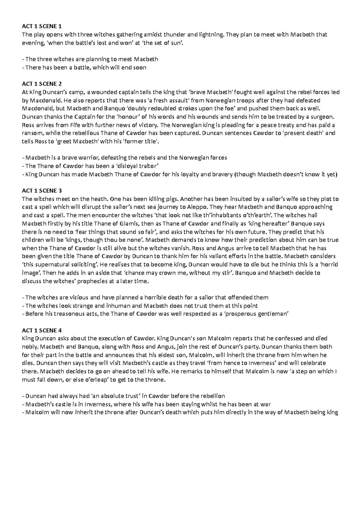 Macbeth Scene Summaries - The play opens with three witches gathering ...