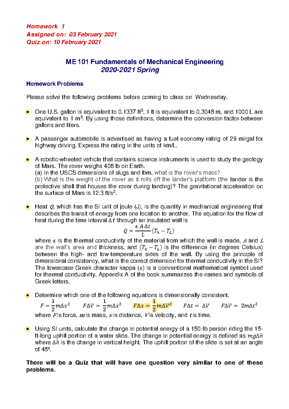 ME101-Spring 2021 HW1 - HW questions of ME101 Ch1 - Homework 1 Assigned ...