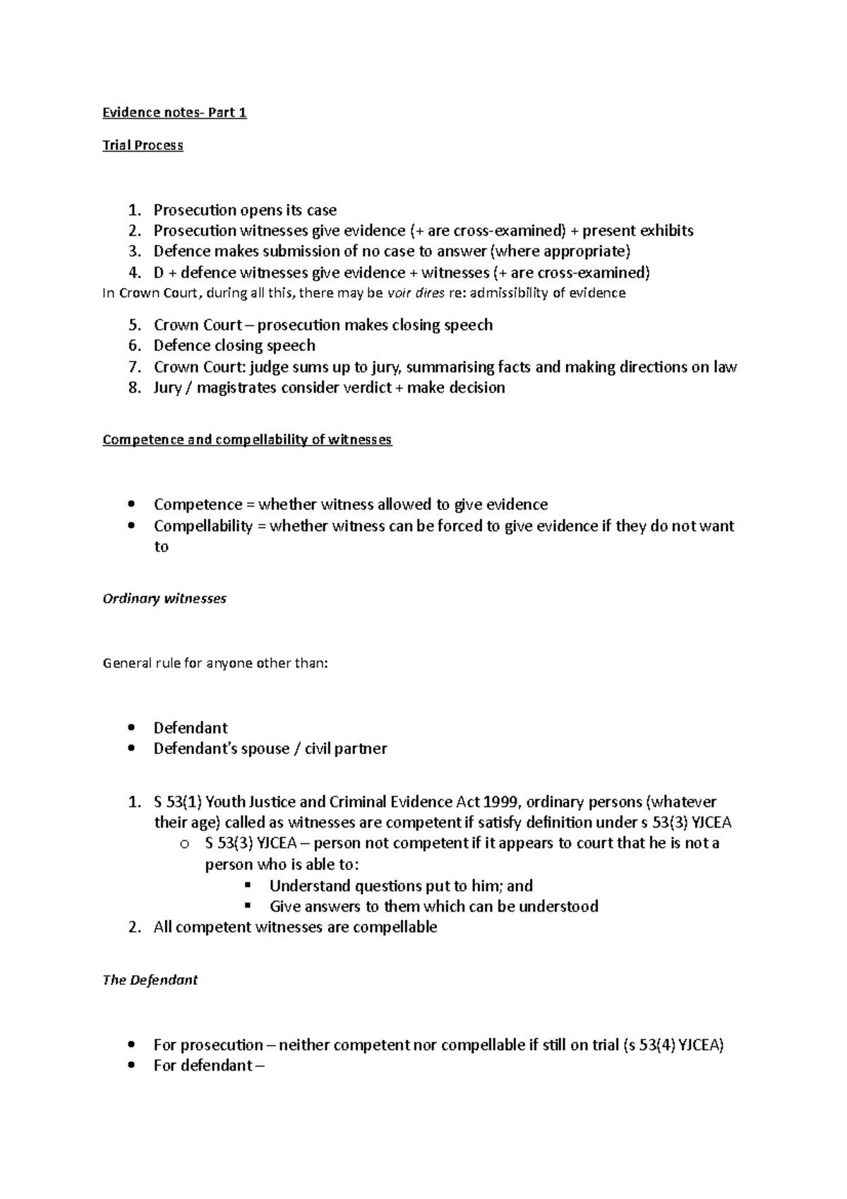 Evidence notes-Part 1 - Evidence notes- Part 1 Trial Process ...