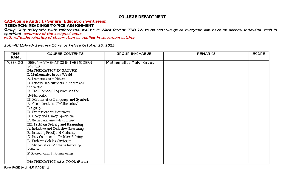 CA-1- Group- Written- Report - COLLEGE DEPARTMENT CA1-Course Audit 1 ...